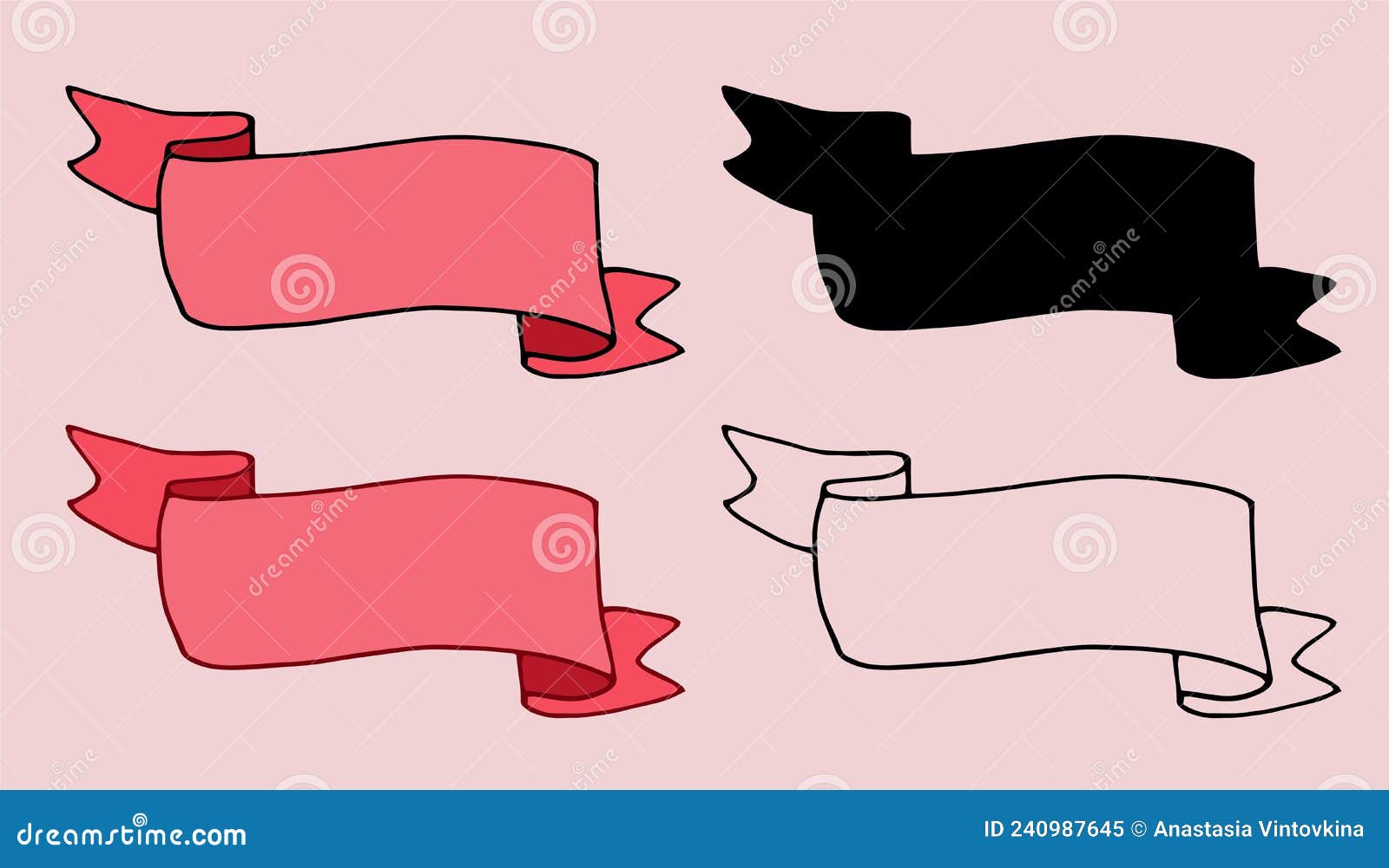 A Set of Pink Hand-drawn Banners. Isolated Set of Vintage Ribbon Banner ...
