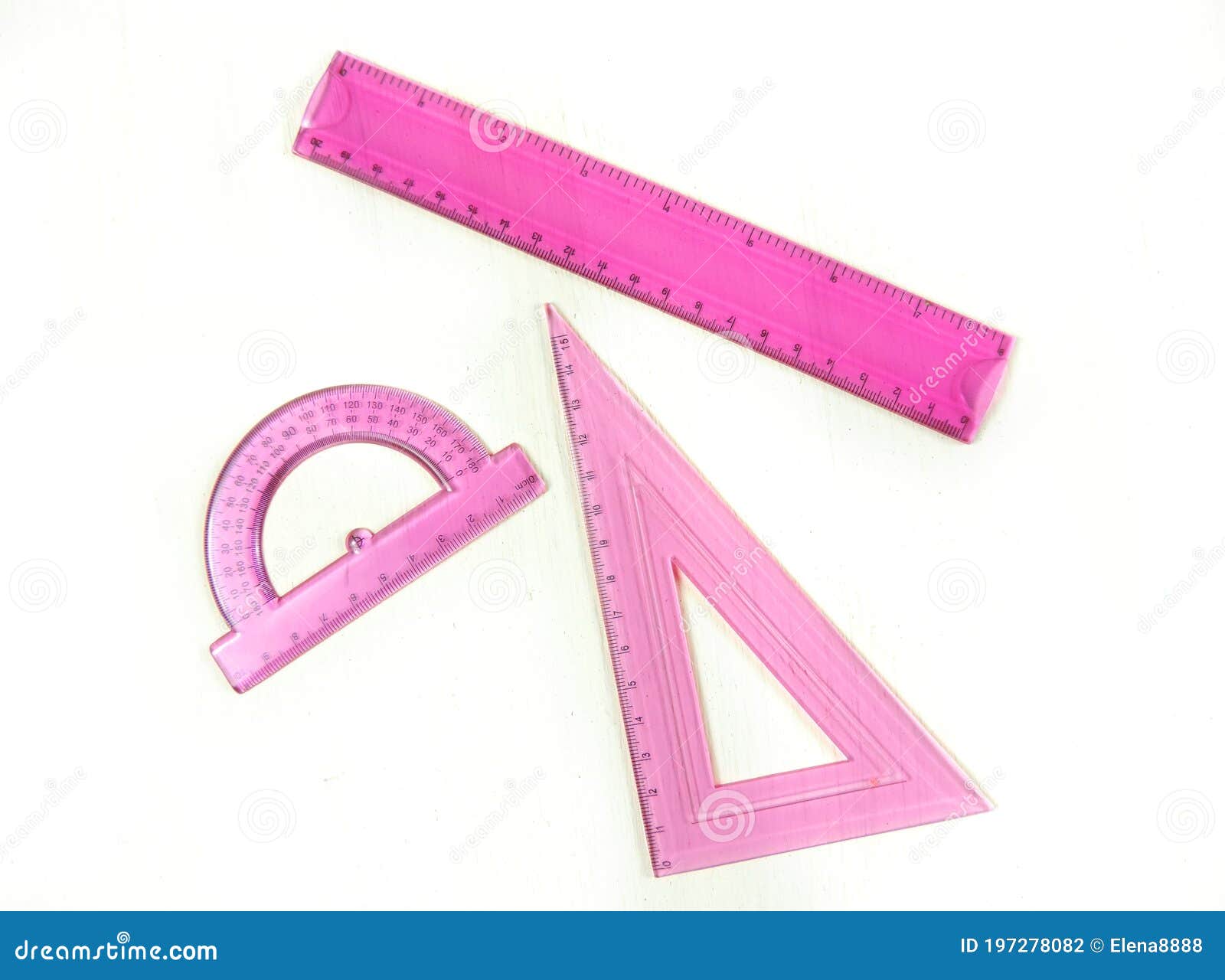 Set of Pink Measuring Tools: Rulers, Triangles, Protractor. Correct ...