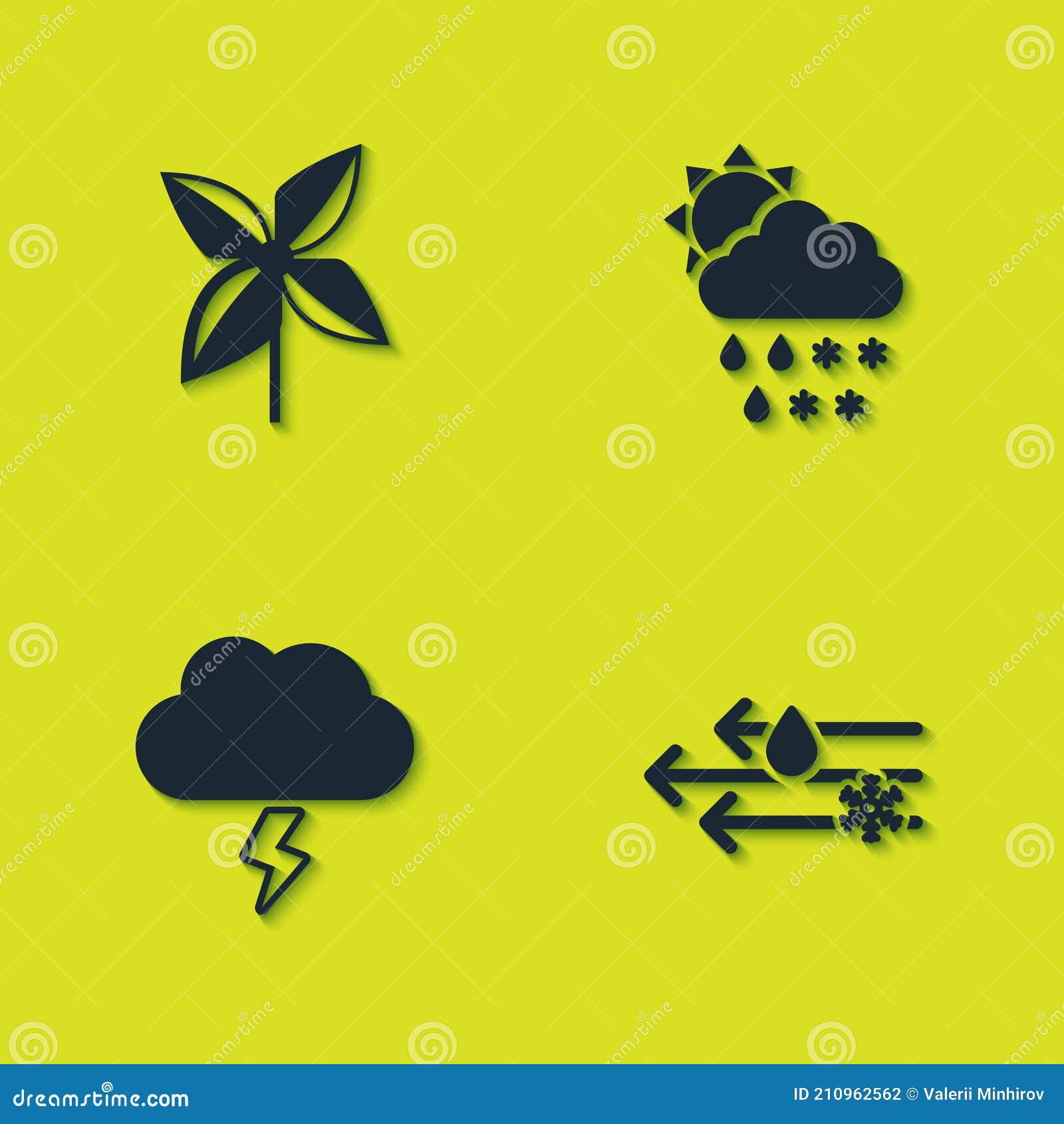 Set Pinwheel, Wind and Rain with Snow, Storm and Cloud Rain, Sun Icon ...