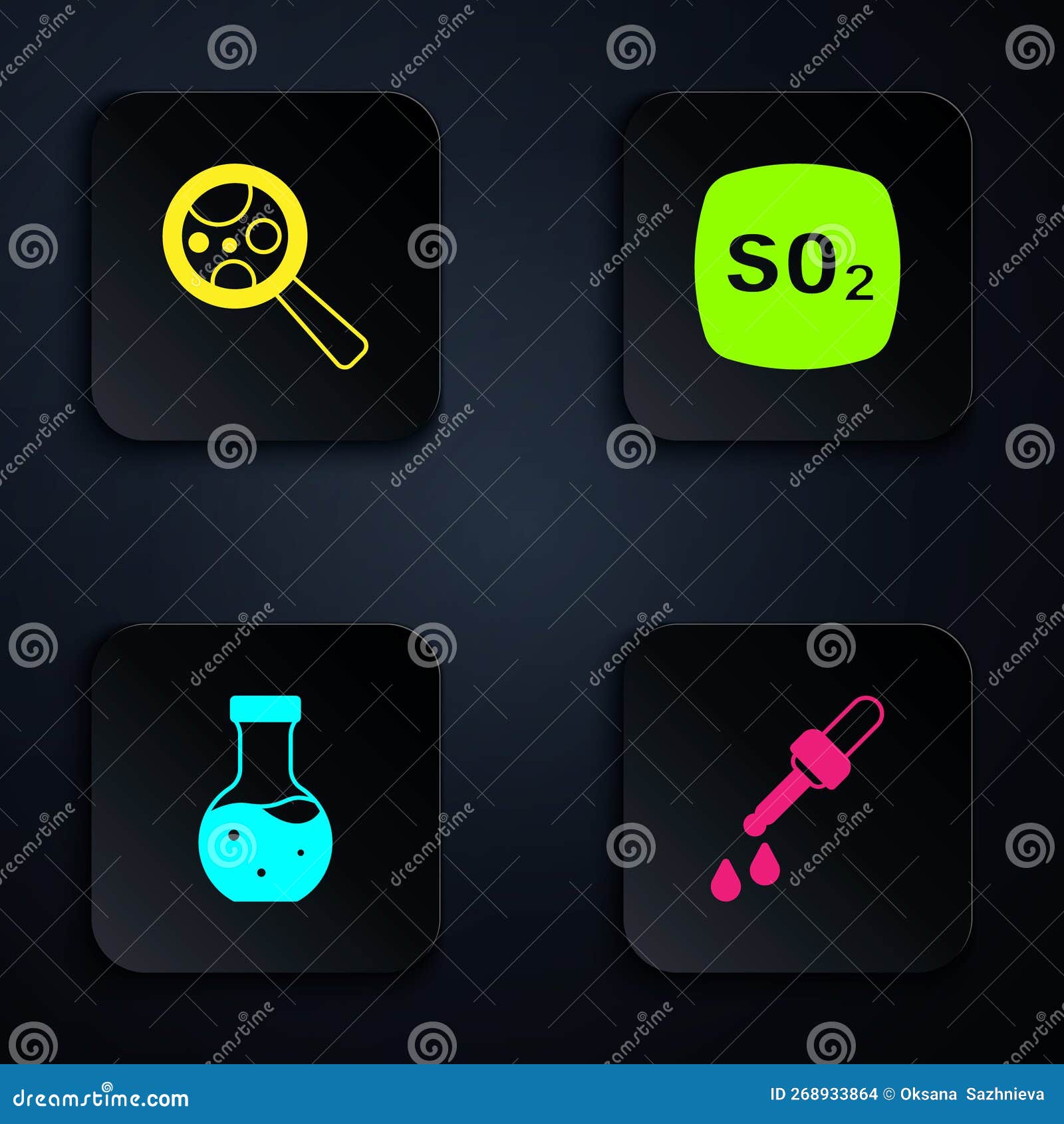 Set Pipette, Microorganisms Under Magnifier, Test Tube and Sulfur ...