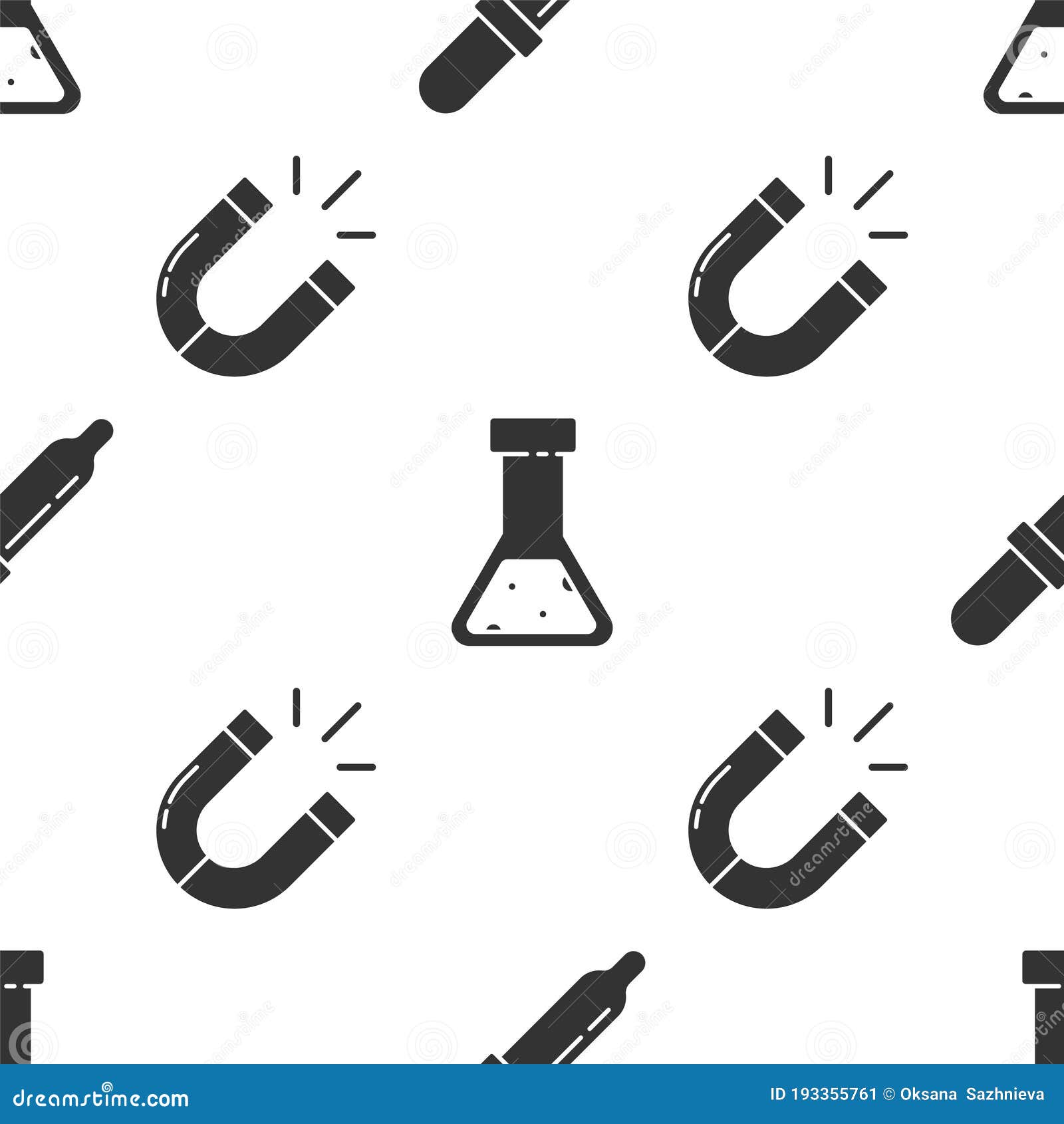 Set Pipette, Test Tube and Flask Chemical and Magnet on Seamless ...