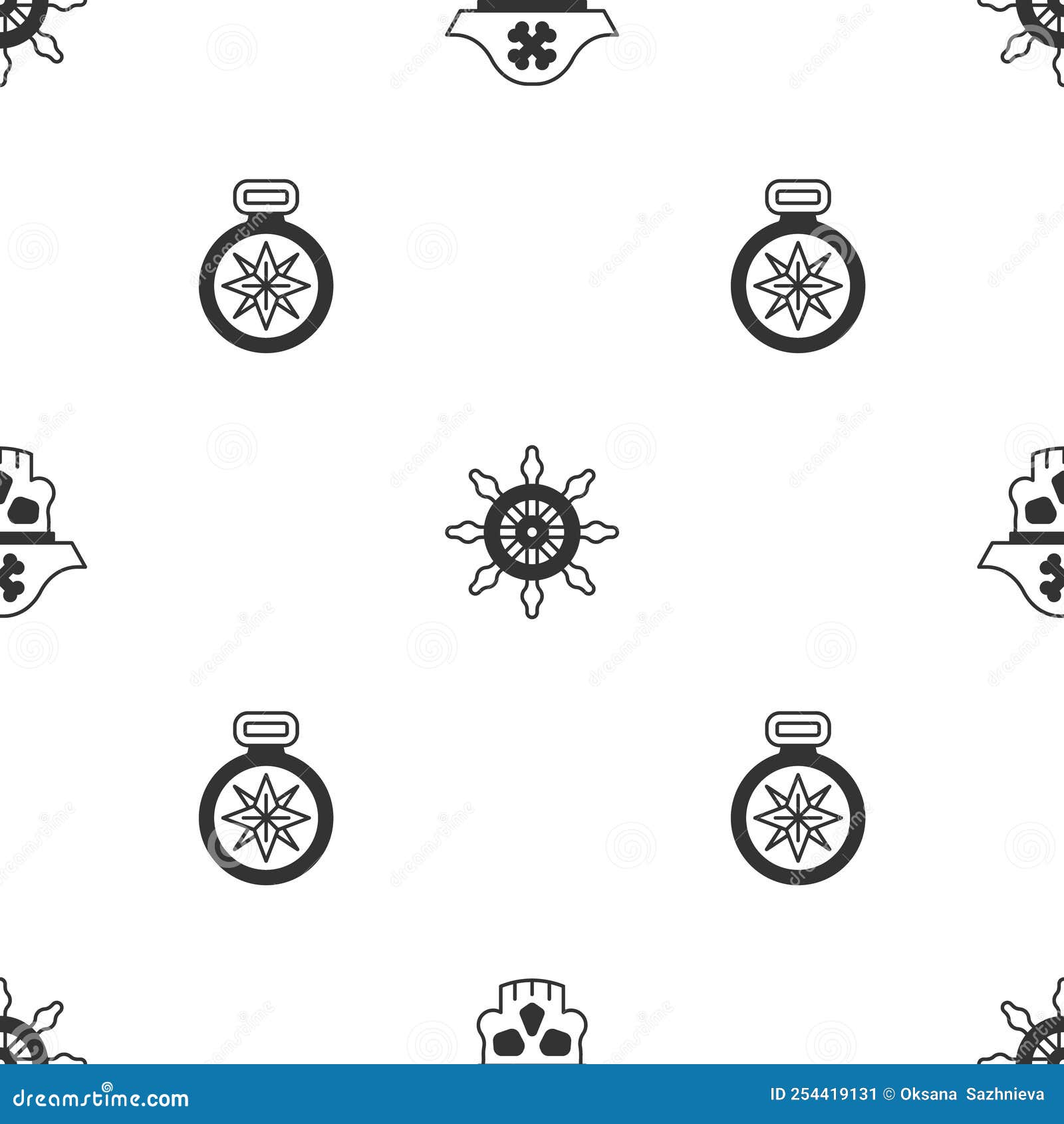 Set Pirate Captain, Ship Steering Wheel and Compass on Seamless Pattern ...