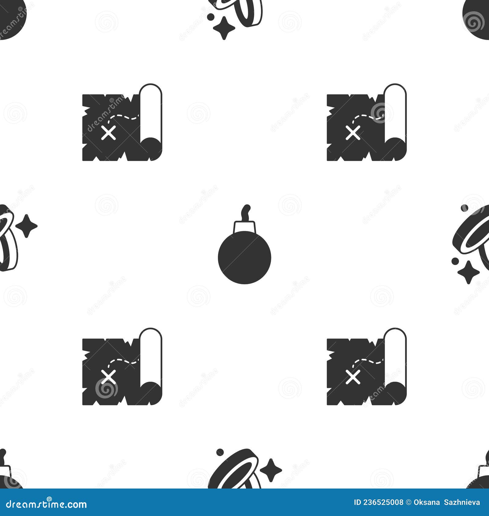 Set Pirate Coin, Bomb Ready To Explode and Treasure Map on Seamless ...