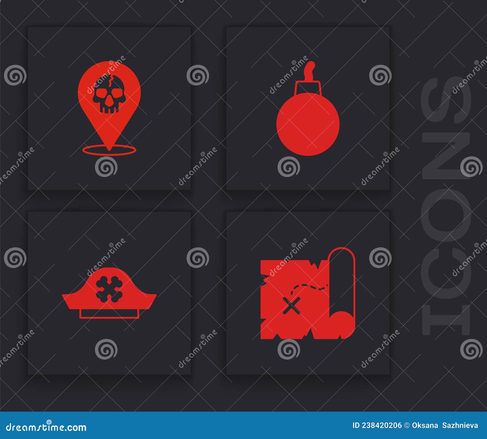 Set Pirate Treasure Map, Location Pirate, Bomb Ready To Explode and Hat ...