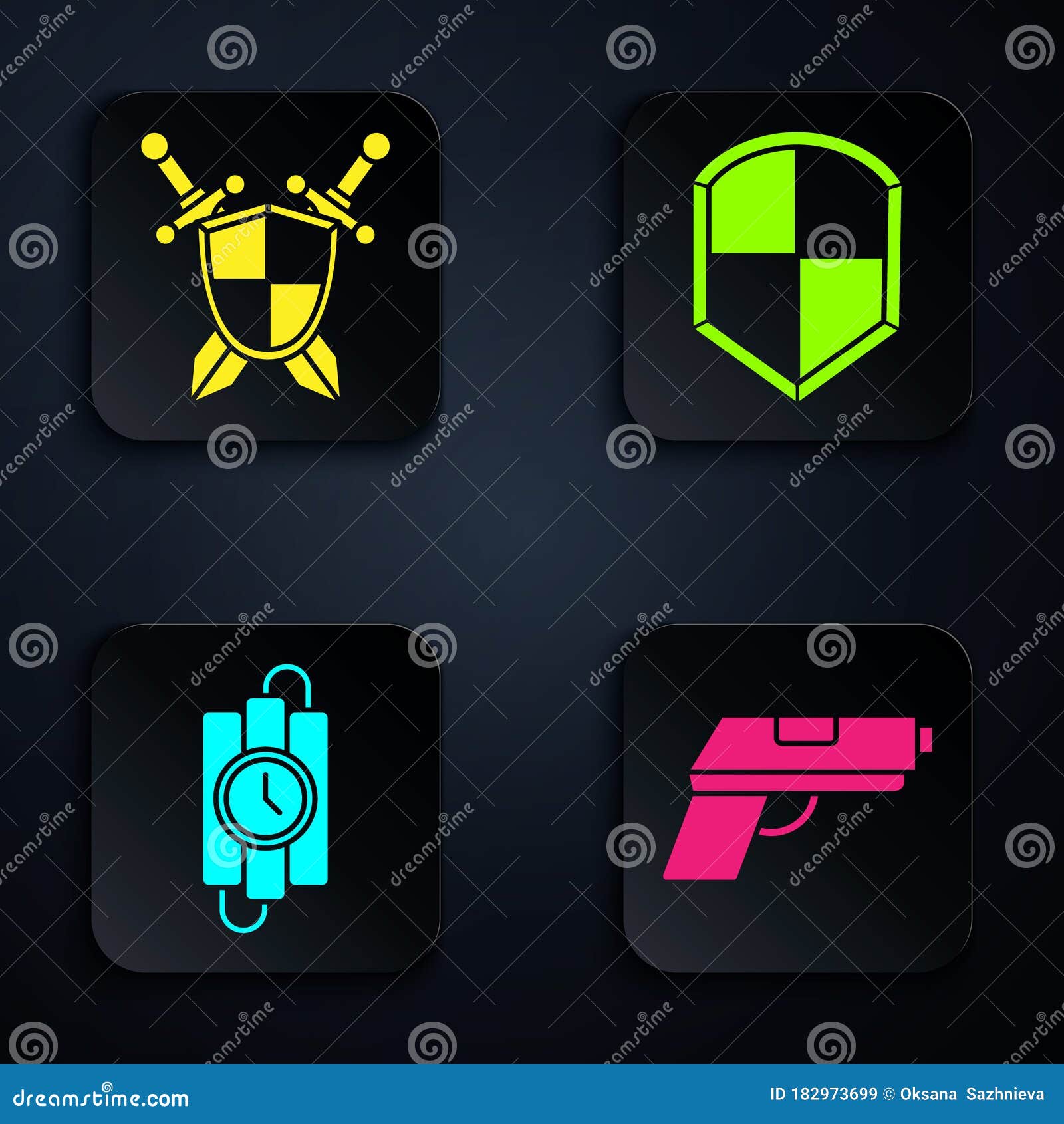 Set Pistol or Gun, Medieval Shield with Crossed Swords, Dynamite Stick ...