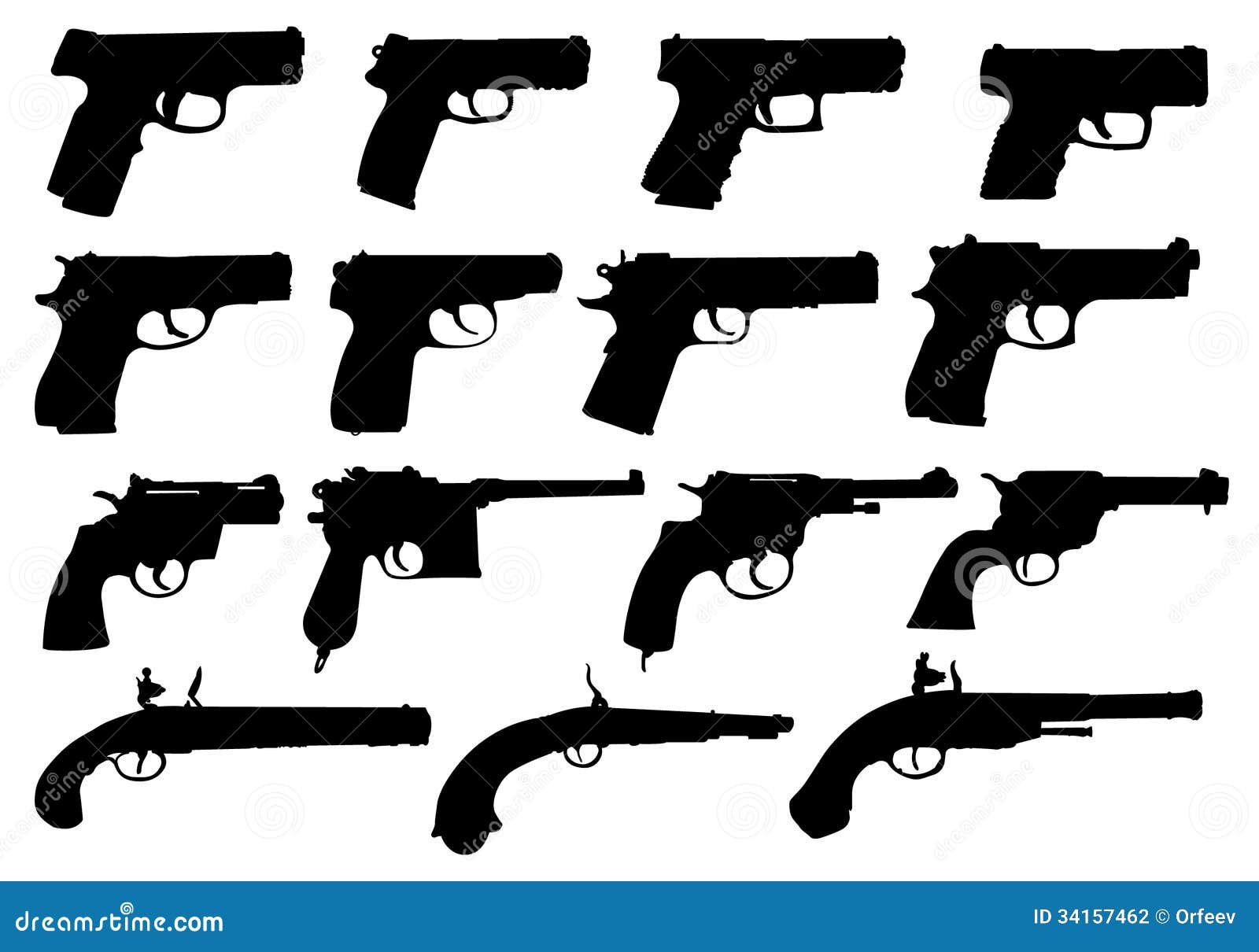 Set of pistols silhouettes stock vector. Illustration of bullet - 34157462