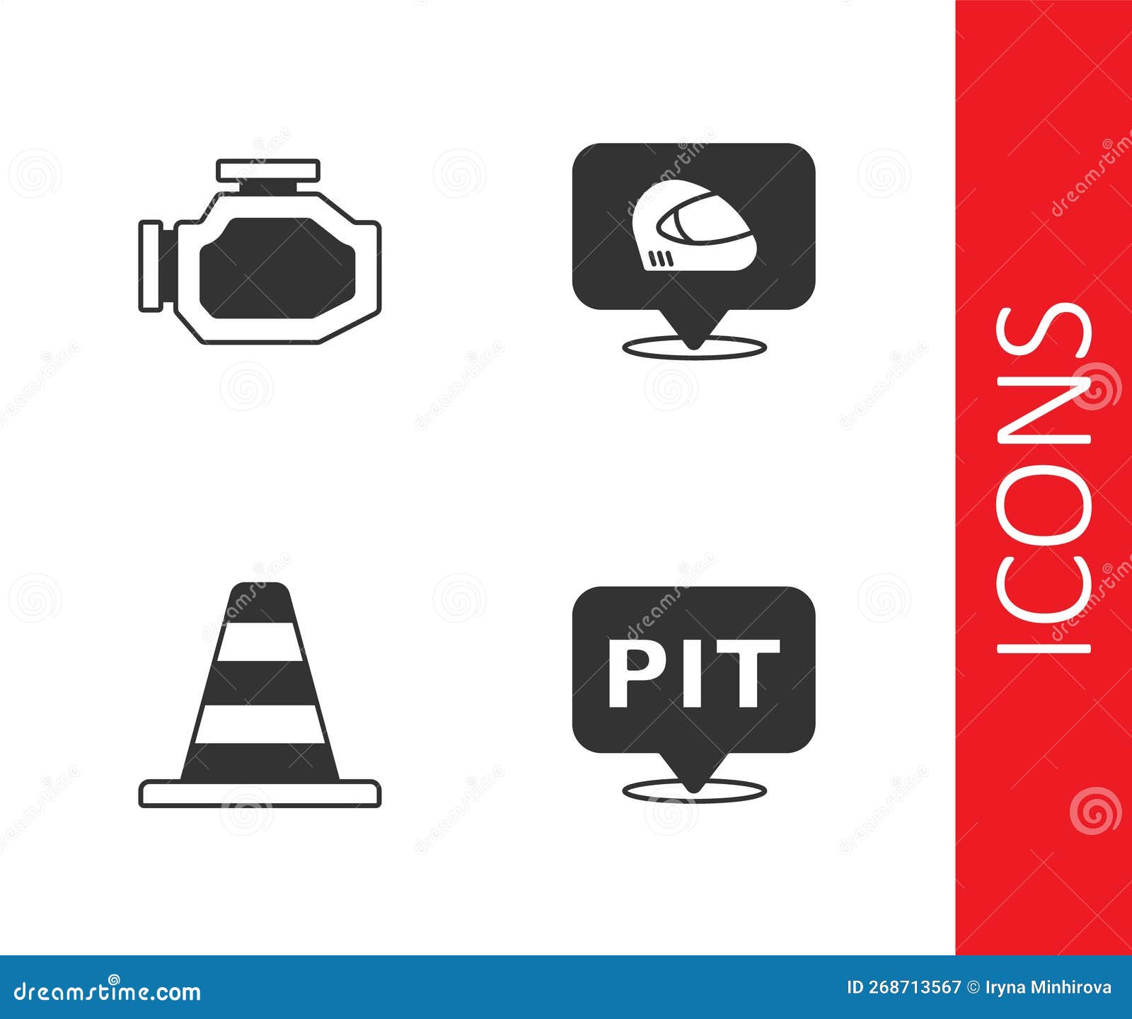 Set Pit Stop, Check Engine, Traffic Cone and Racing Helmet Icon. Vector ...