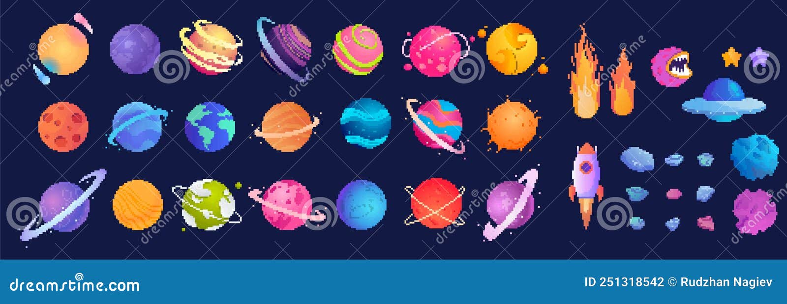 Set of Pixel Astronomical Elements Stock Vector - Illustration of alien ...