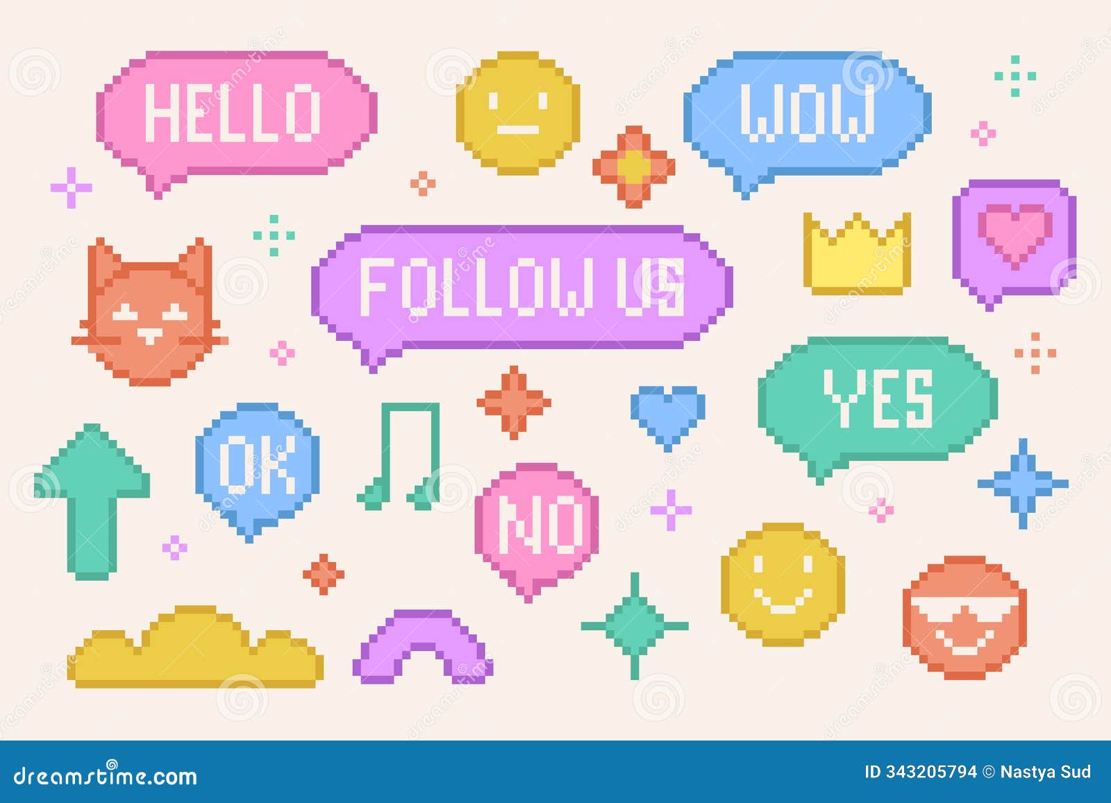 Set of Pixel 8 Bit Elements. Pixelated Pastel Color Speech Bubbles with ...