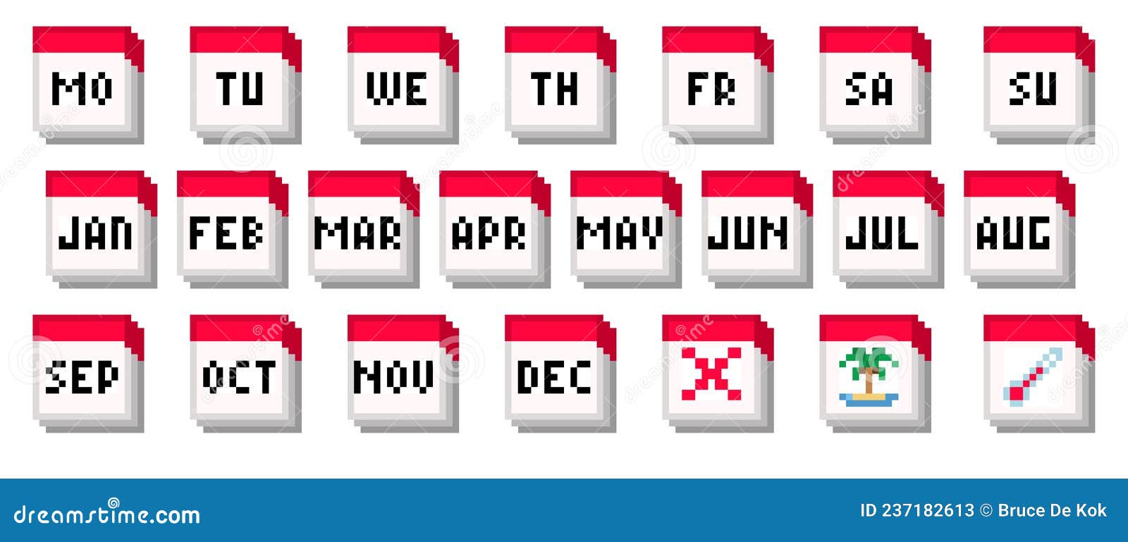 Set of Pixel 8 Bit Calendars with Days, Months and Special Days ...