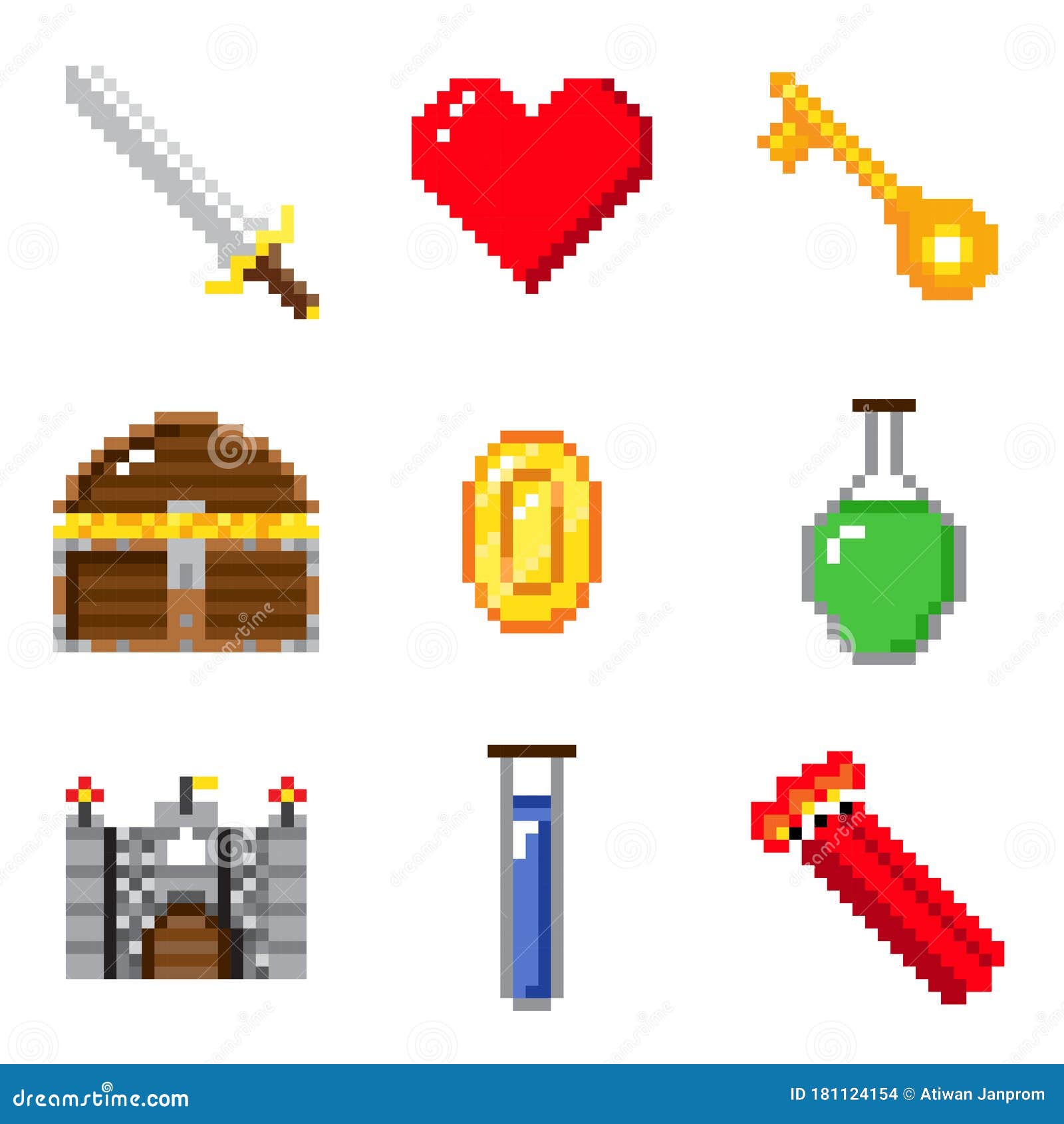 Pixel Games Icons. Various Stylized Symbols For Video Games Cartoon ...