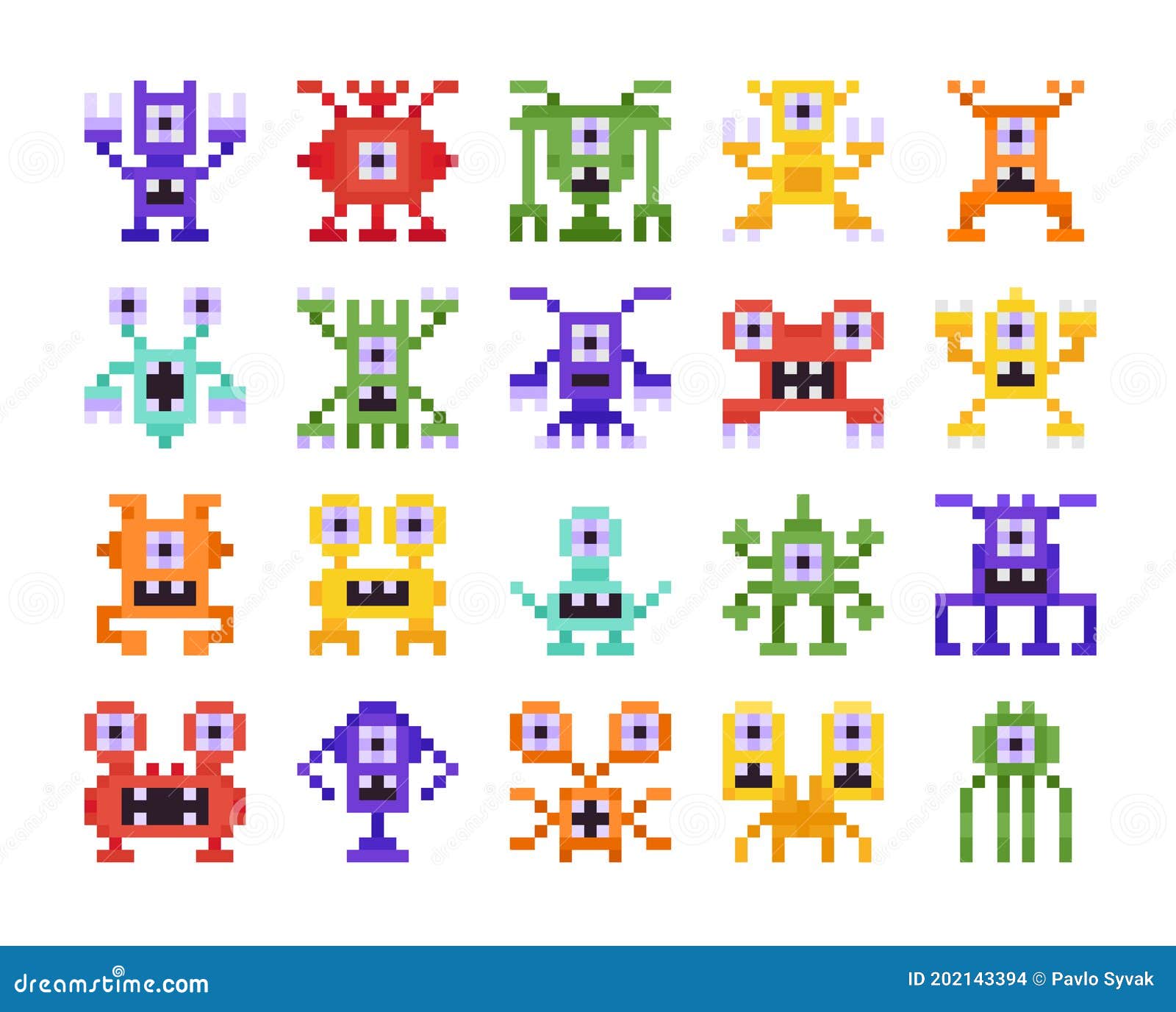 Set Pixel Monsters, Retro Design for Computer Eight Bit Arcade Games ...