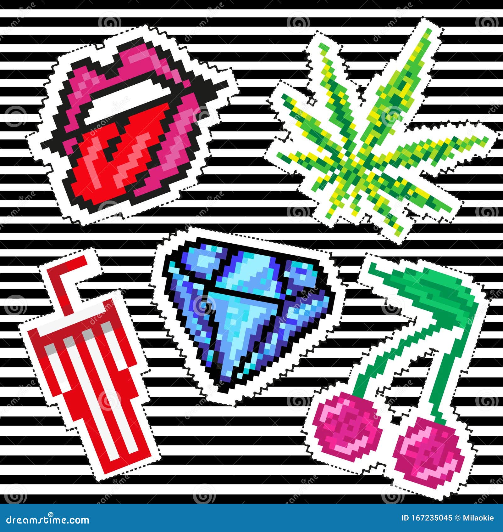 Set of Pixel Patch Badges with Lips, Cannabis, Diamond, Cherry and ...