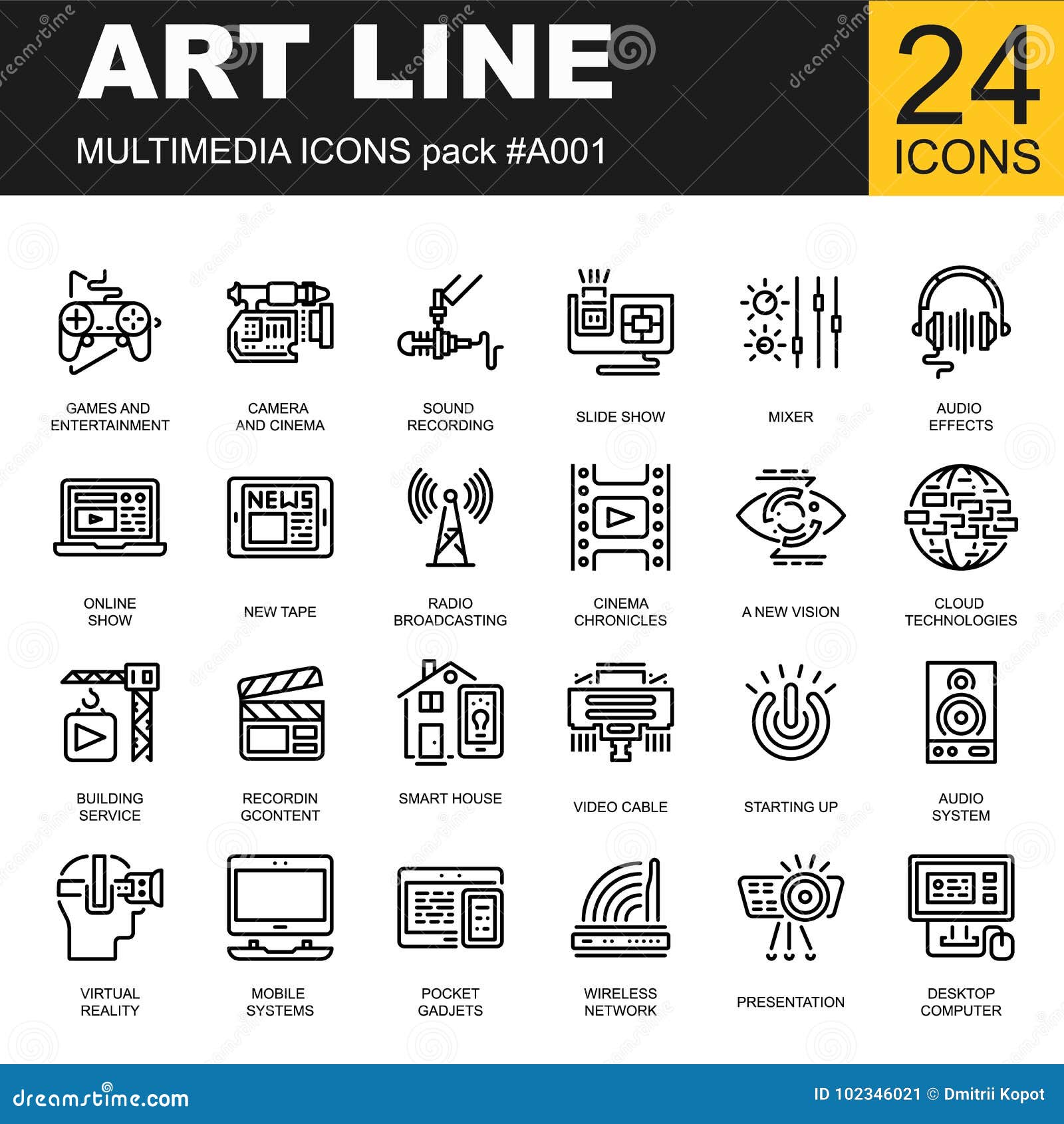 Set of Pixel Perfect Outline Multimedia Icons Stock Vector ...