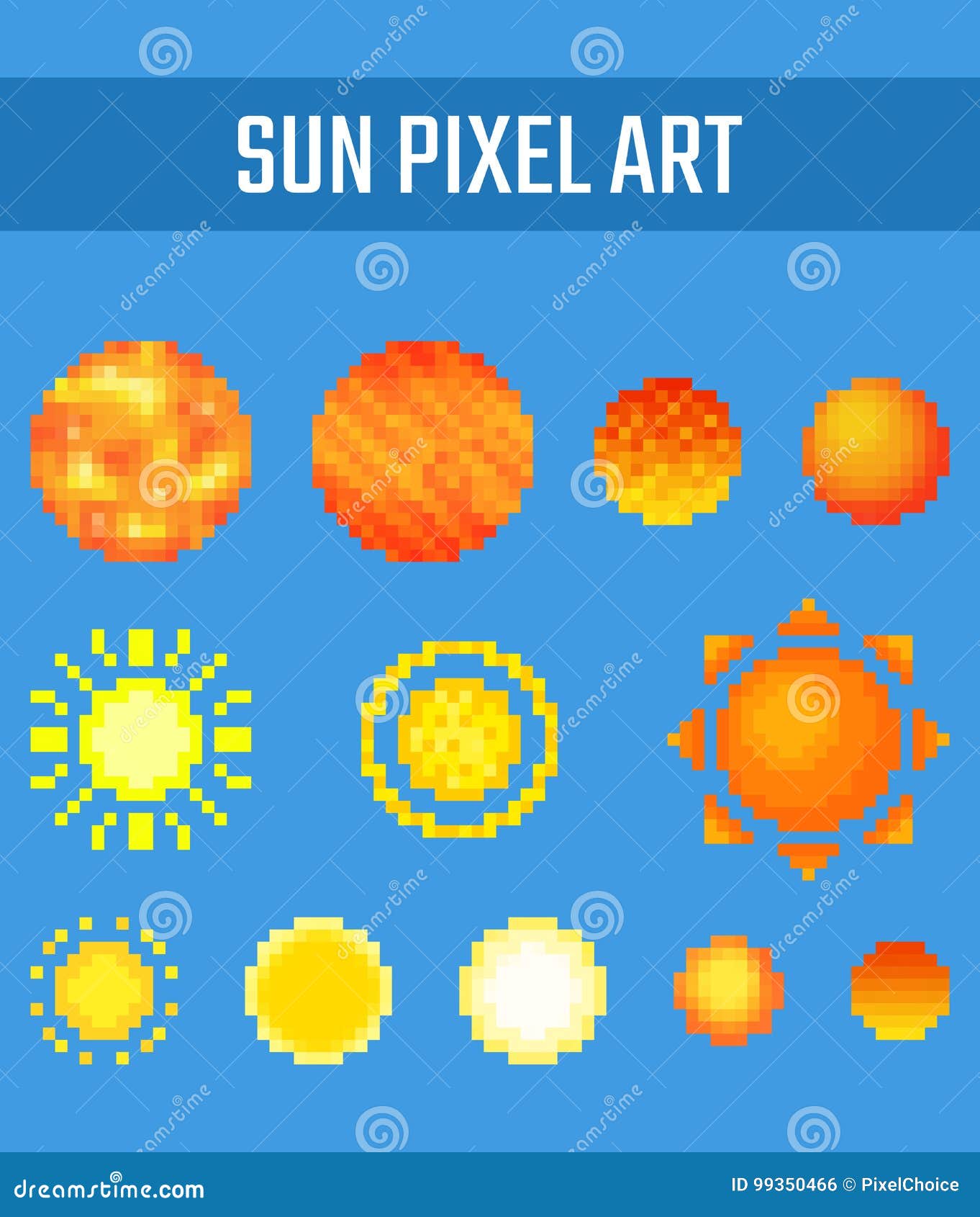 Set of Pixel Sun on Blue Background Stock Vector - Illustration of ...