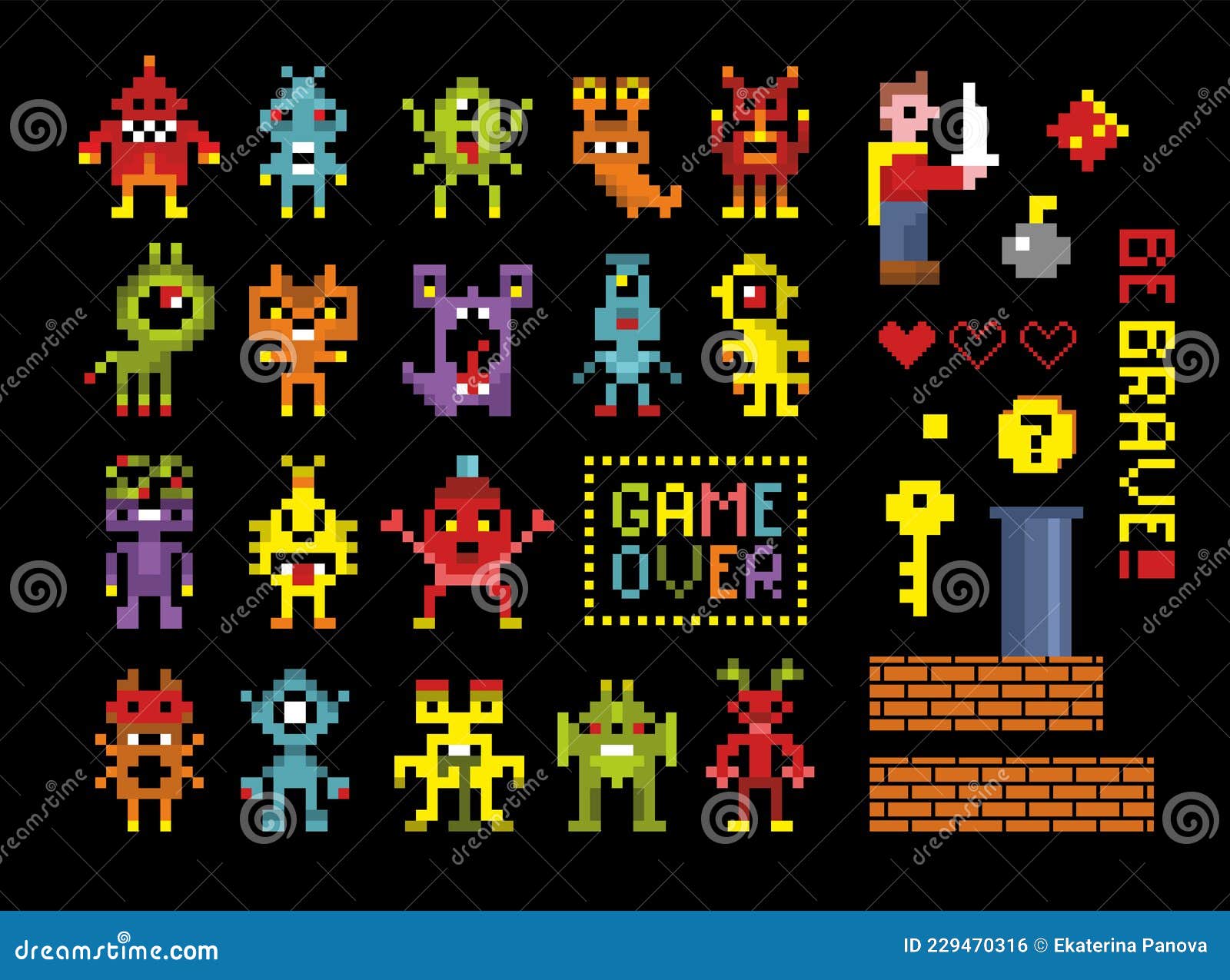Set of Pixel Video Game Characters in Retro Computer Style. Stock ...
