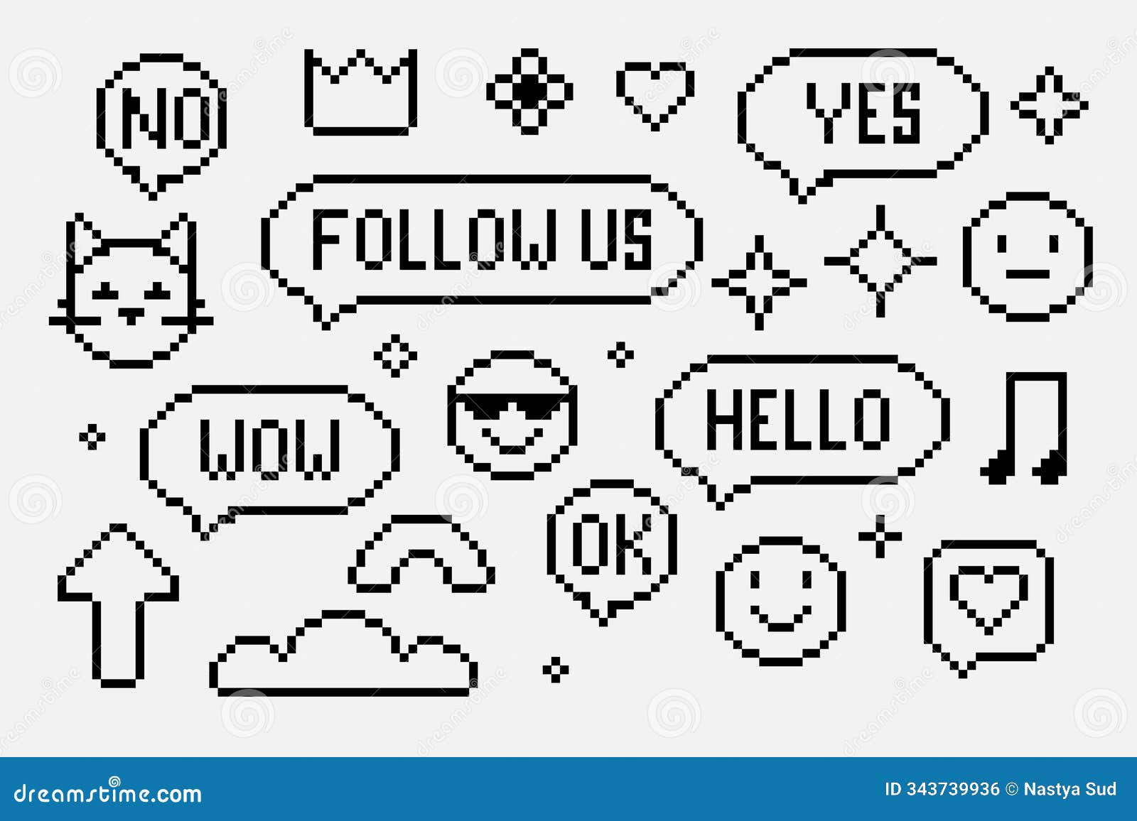 Set Of Pixelated Outline Sticker Ikon. Pixel 8 Bit Elements. Black ...