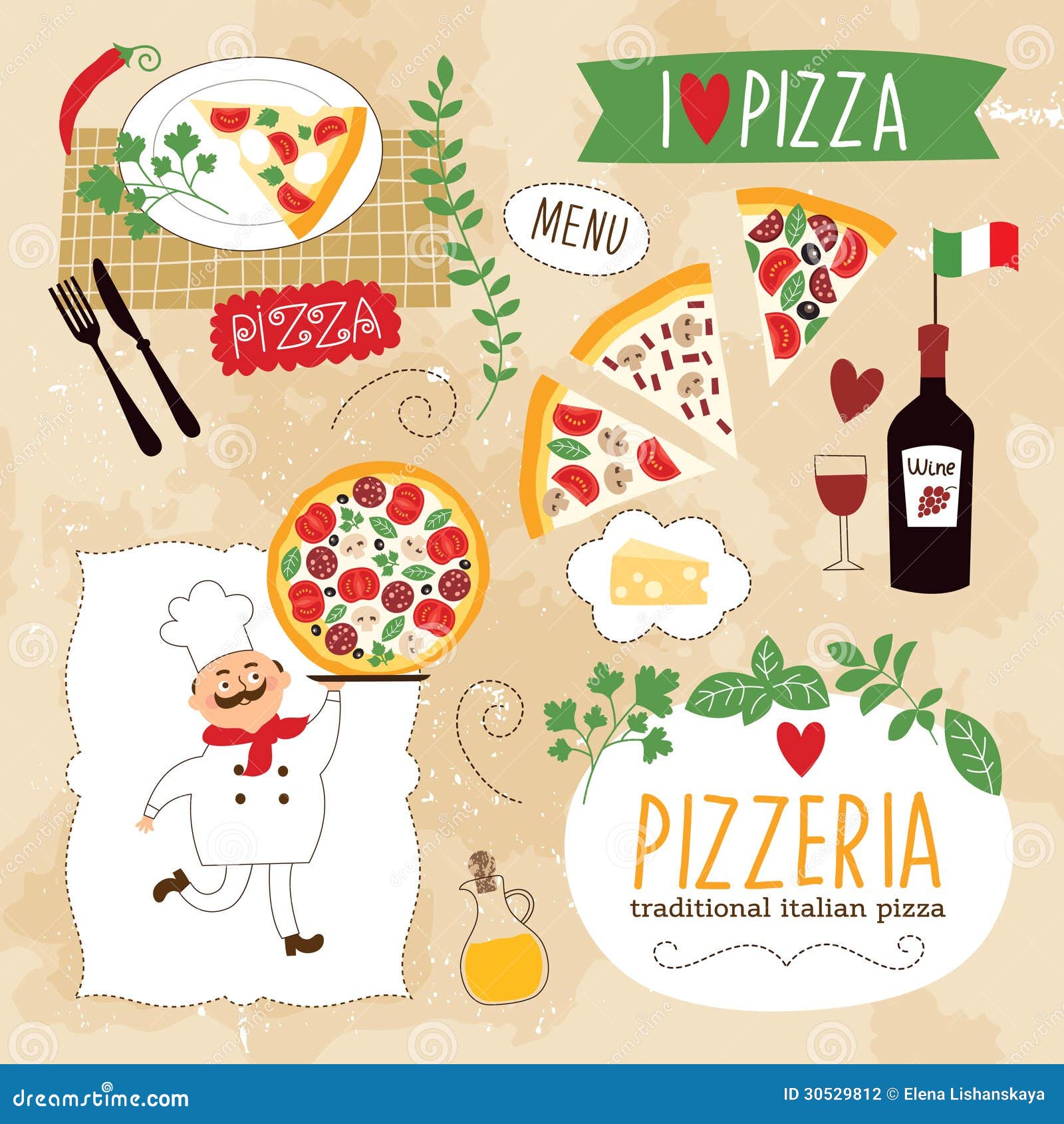 Set of Pizza Design Elements Stock Illustration - Illustration of ...