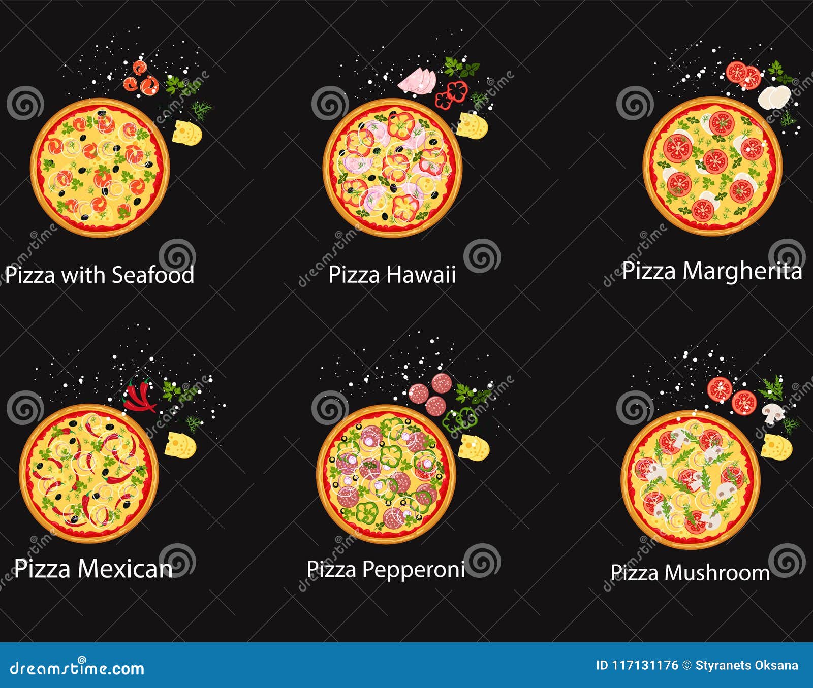 Pizza With Different Delicious Filling Ingredients Set Top View For ...
