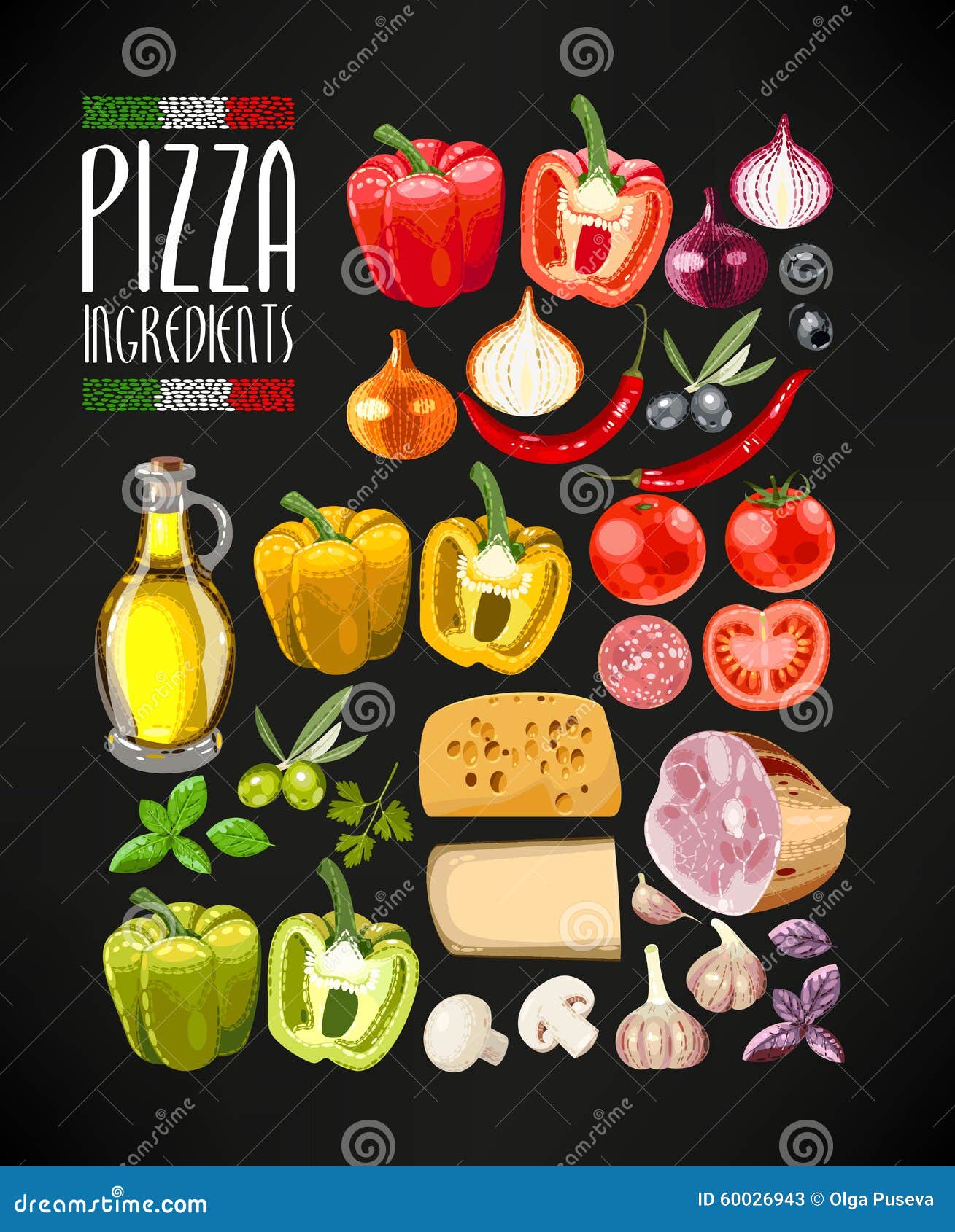 Set of pizza ingredients stock vector. Illustration of meal - 60026943