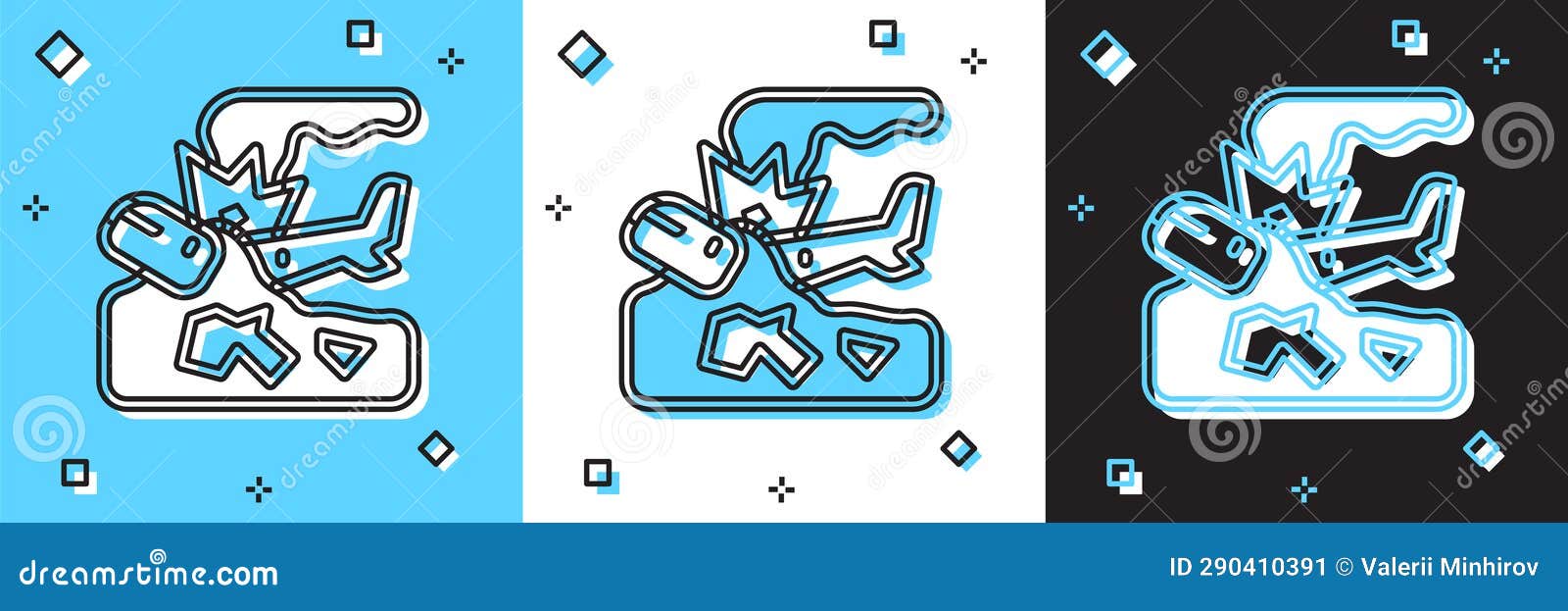 Set Plane Crash Icon Isolated on Blue and White, Black Background ...
