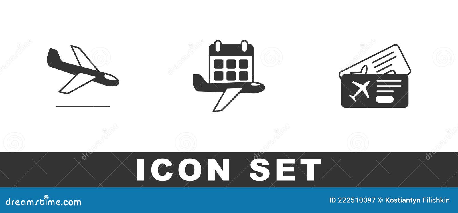 Set Plane Landing, Calendar Airplane and Airline Ticket Icon. Vector ...
