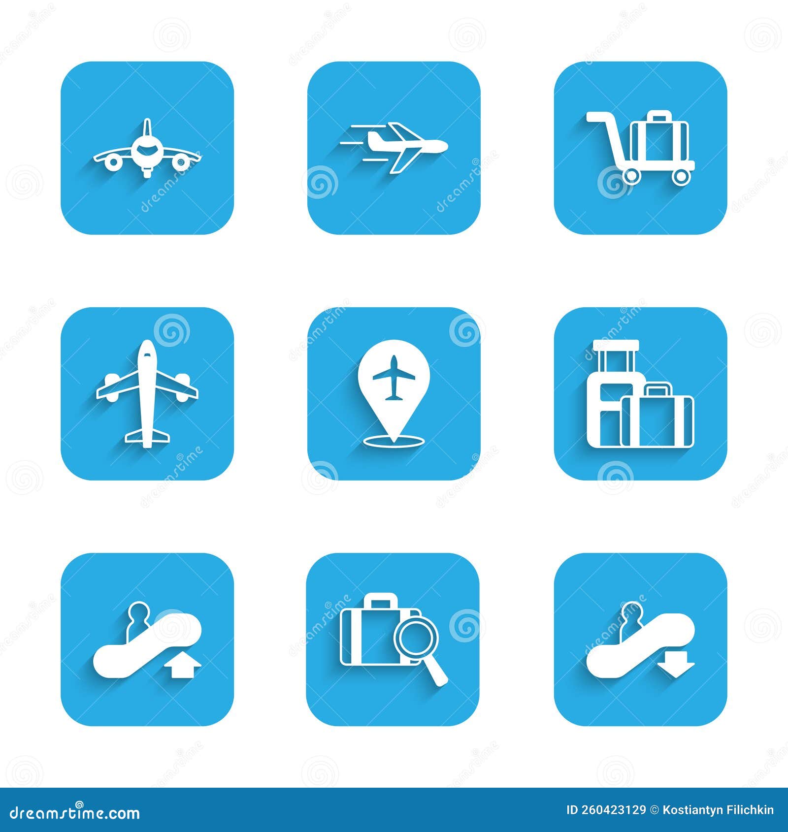 Set Plane, Lost Baggage, Escalator Down, Suitcase, Up, Trolley And Icon ...