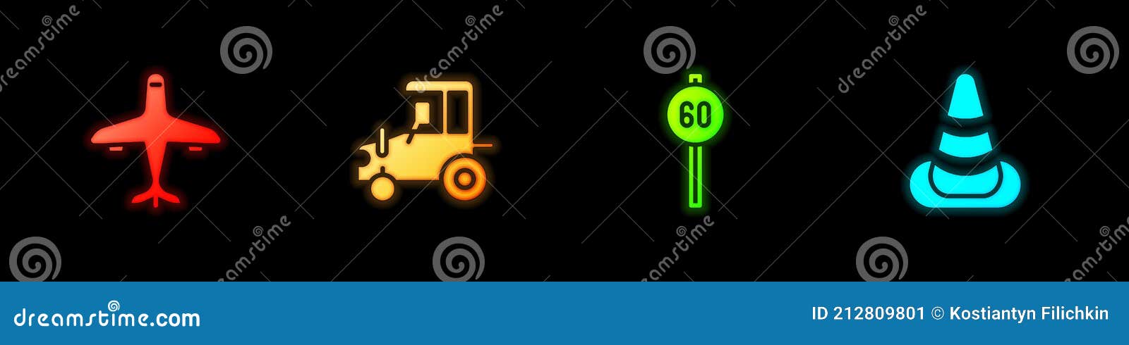 Set Plane, Tractor, Speed Limit Traffic and Traffic Cone Icon. Vector ...