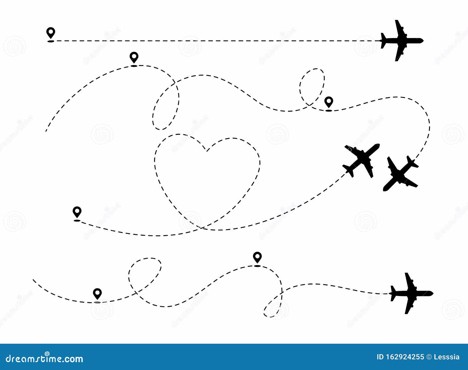 Set Of Planes Path With Location Pins Vector Illustration. Heart Dashed ... Set Of Planes Path With Location Pins Vector Illustration. Heart Dashed ...