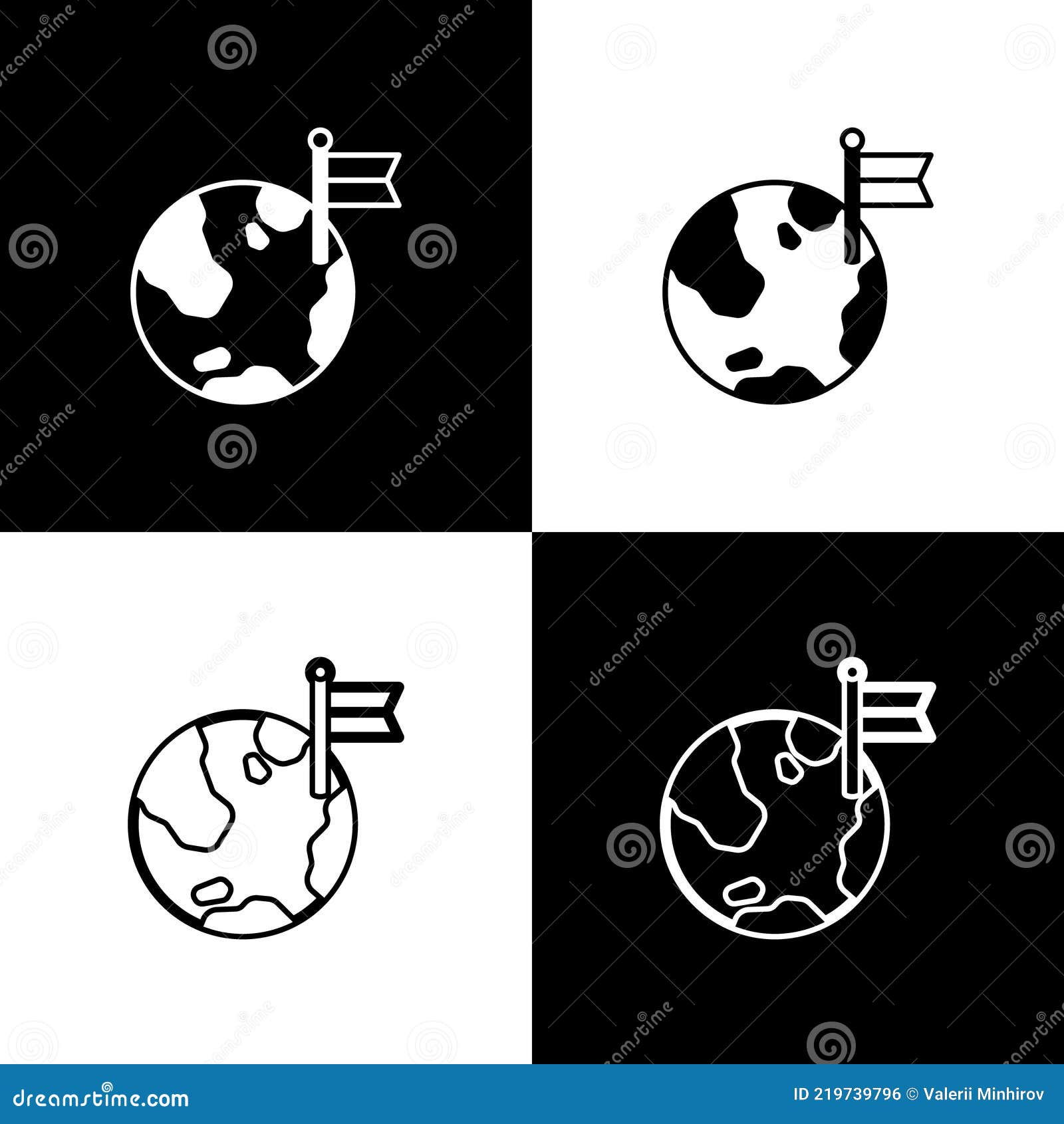 Set Planet with Flag Icon Isolated on Black and White Background ...