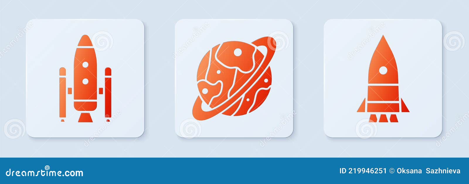 Set Planet Saturn, Space Shuttle and Rockets and Rocket Ship. White ...