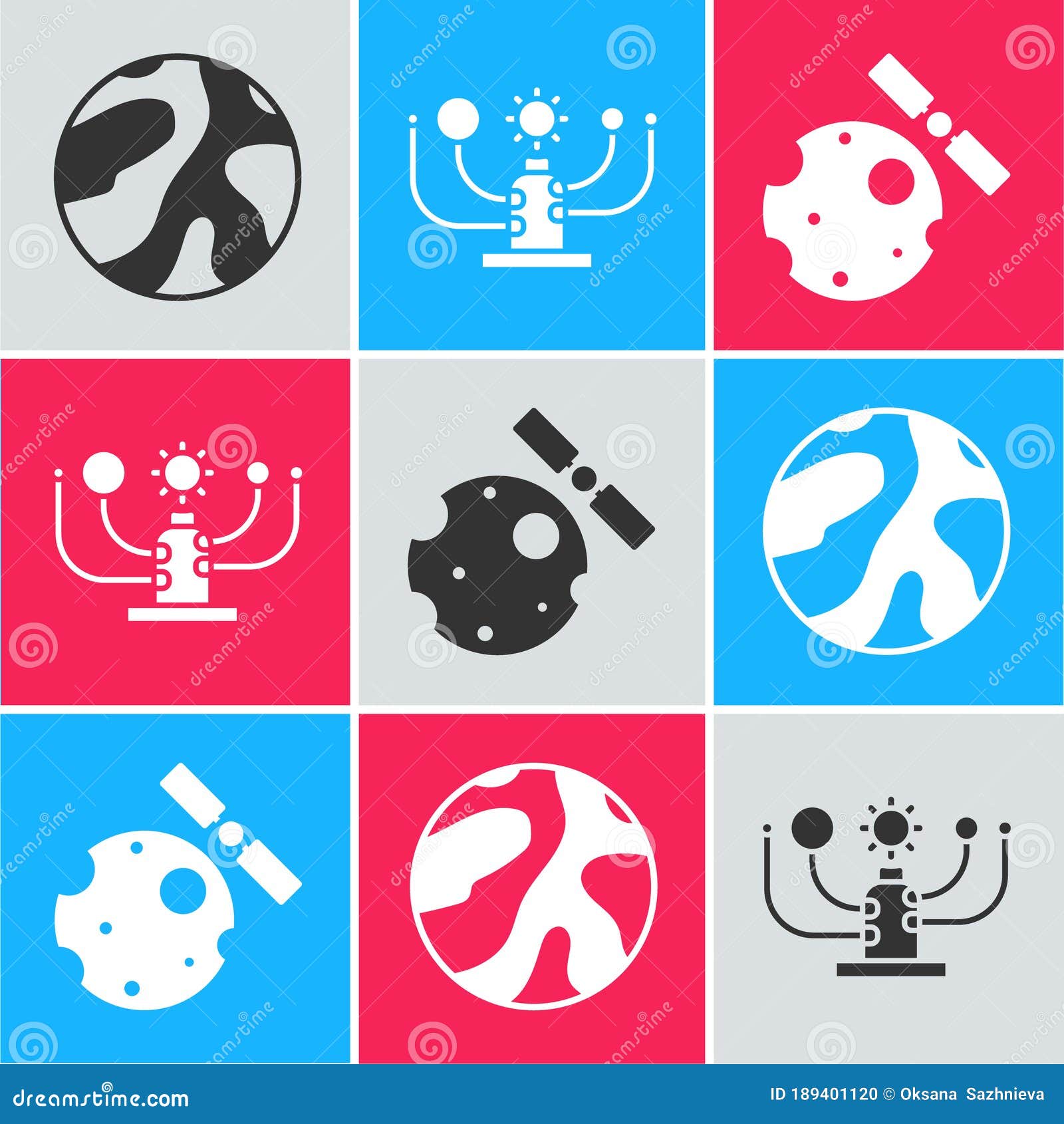 Set Planet, Solar System and Satellites Orbiting the Planet Earth Icon ...