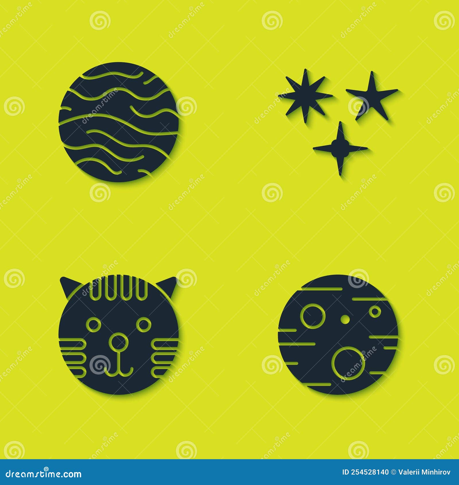 Set Planet Venus, Mars, Tiger Zodiac and Falling Star Icon. Vector ...