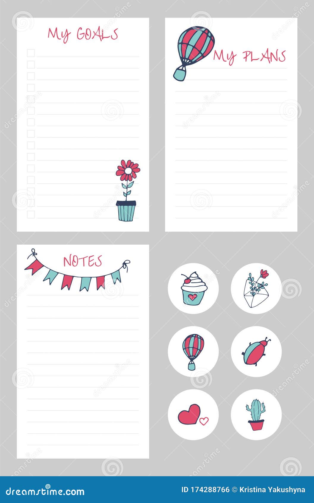 Set of Planners with Cute Design. My Goals, Notes, Planes, Sticker ...