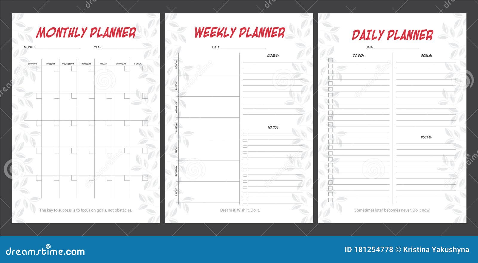 Set of Planners with Minimalistic Floral Design. Monthly, Weekly, daily ...