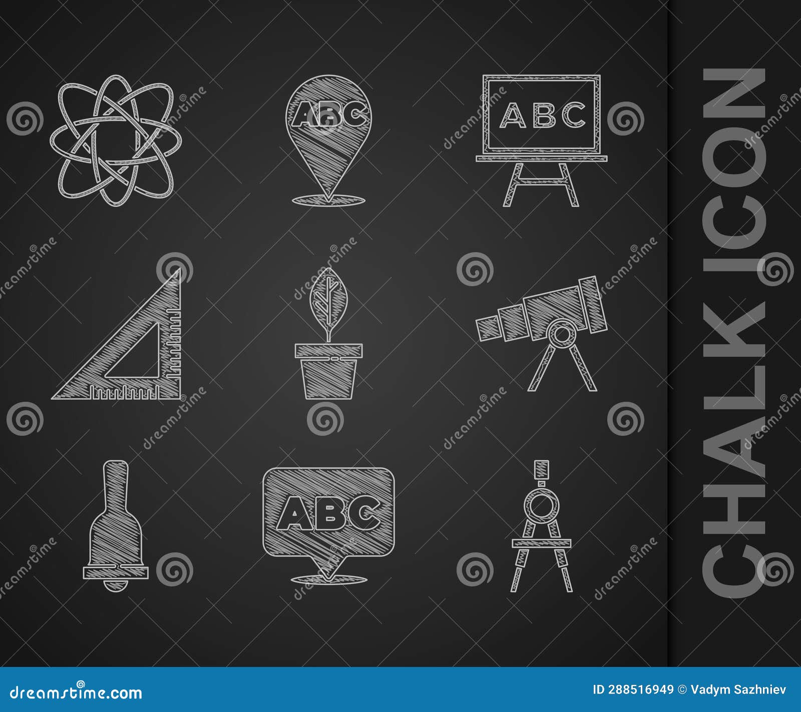 Set Plant in Pot, Alphabet, Drawing Compass, Telescope, Ringing Bell ...