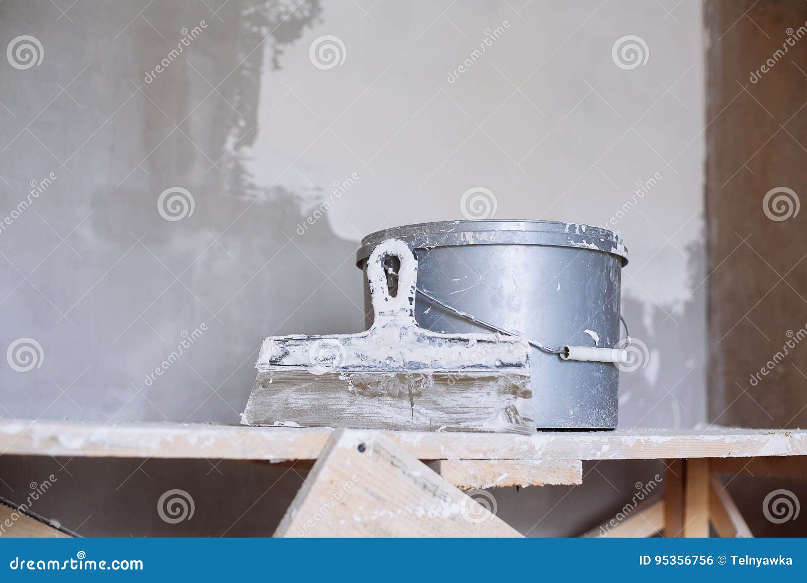 Set of Plaster Trowel Tool, Spatula and Bucket. Stock Photo - Image of ...