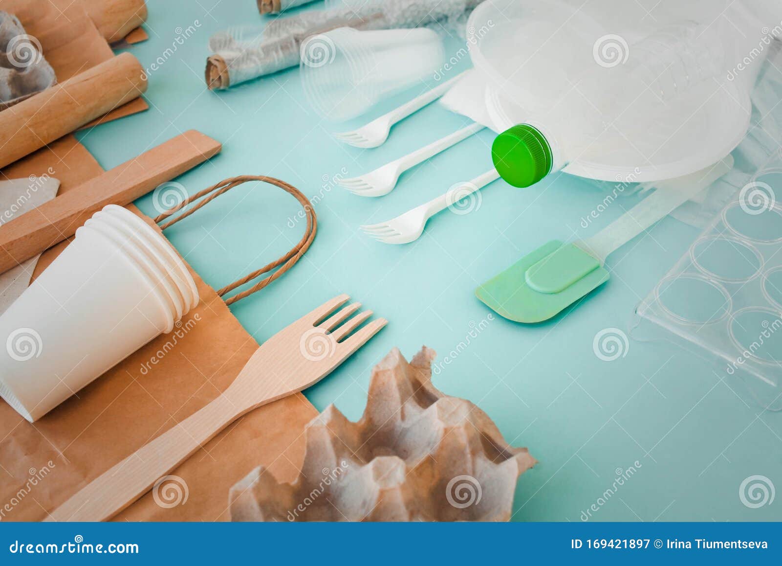 Set of Plastic Items and Replacing Them with Eco Tableware Wooden and ...