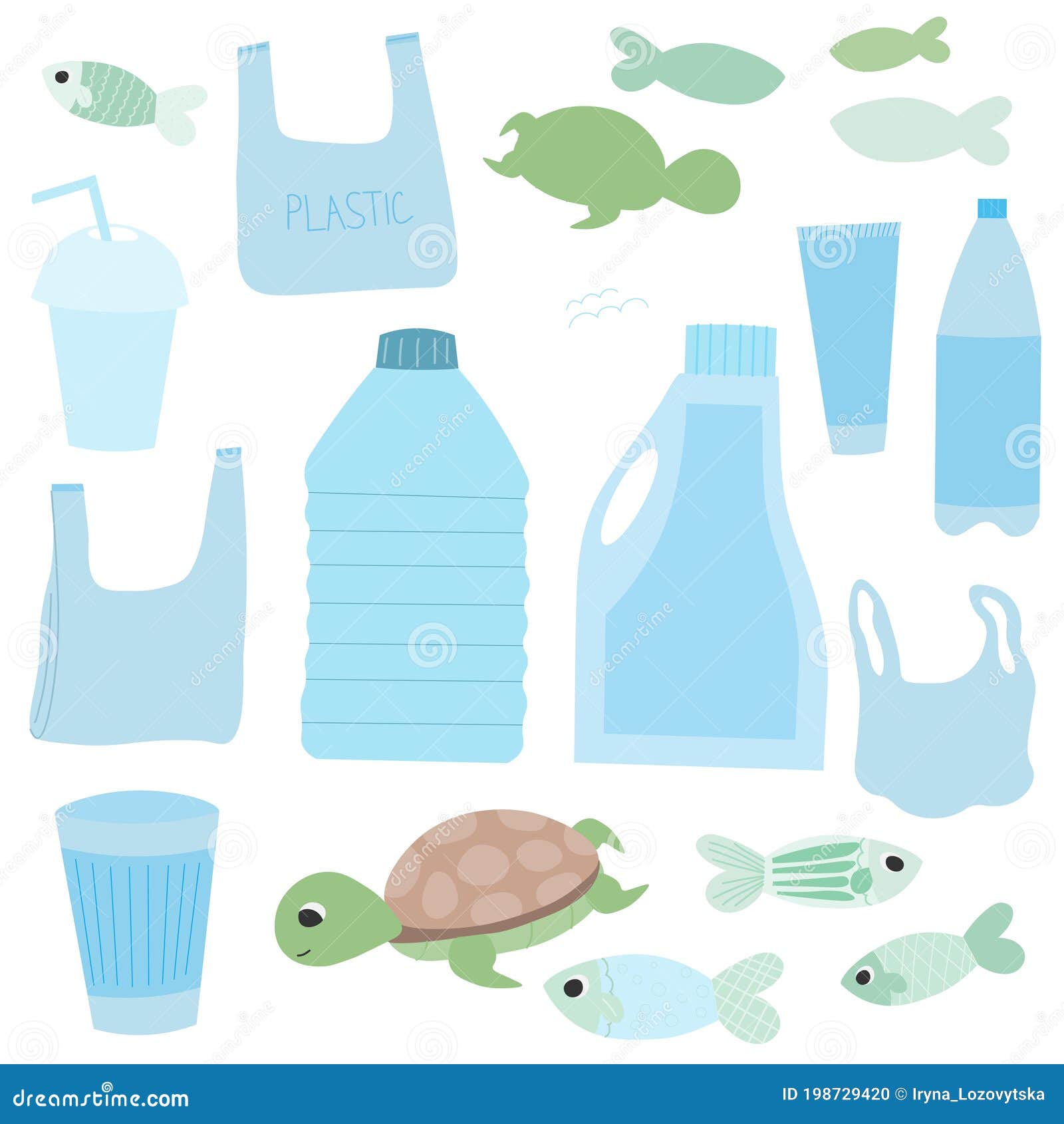 Set Of Plastic Objects And Marine Creatures Isolated On White ...