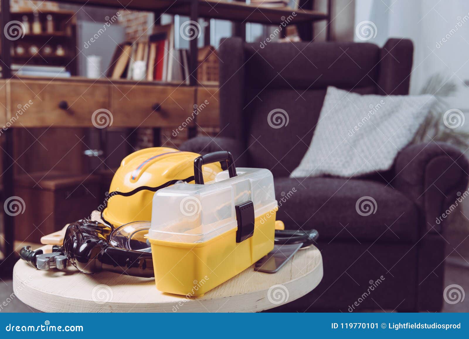 Set of Plastic Toy Tools and Yellow Toolbox on a Table Stock Image ...