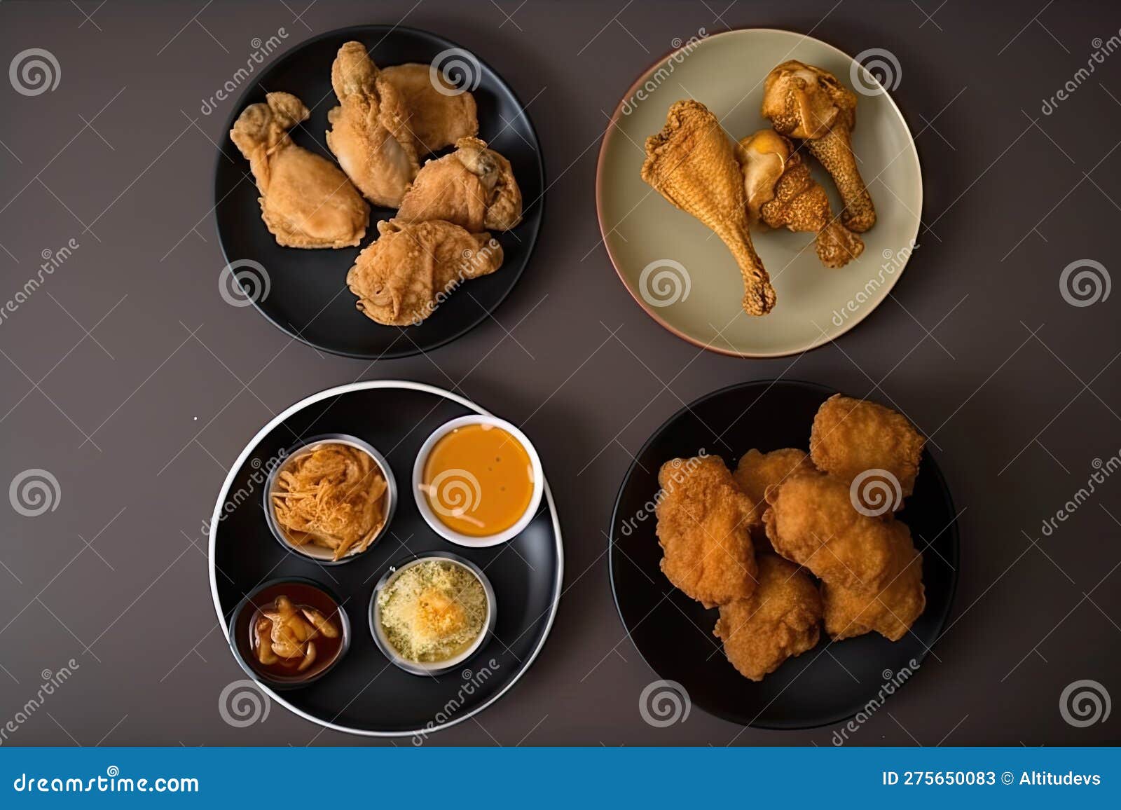 Set of Plates with Different Fried Chicken, Sides and Sauces for ...