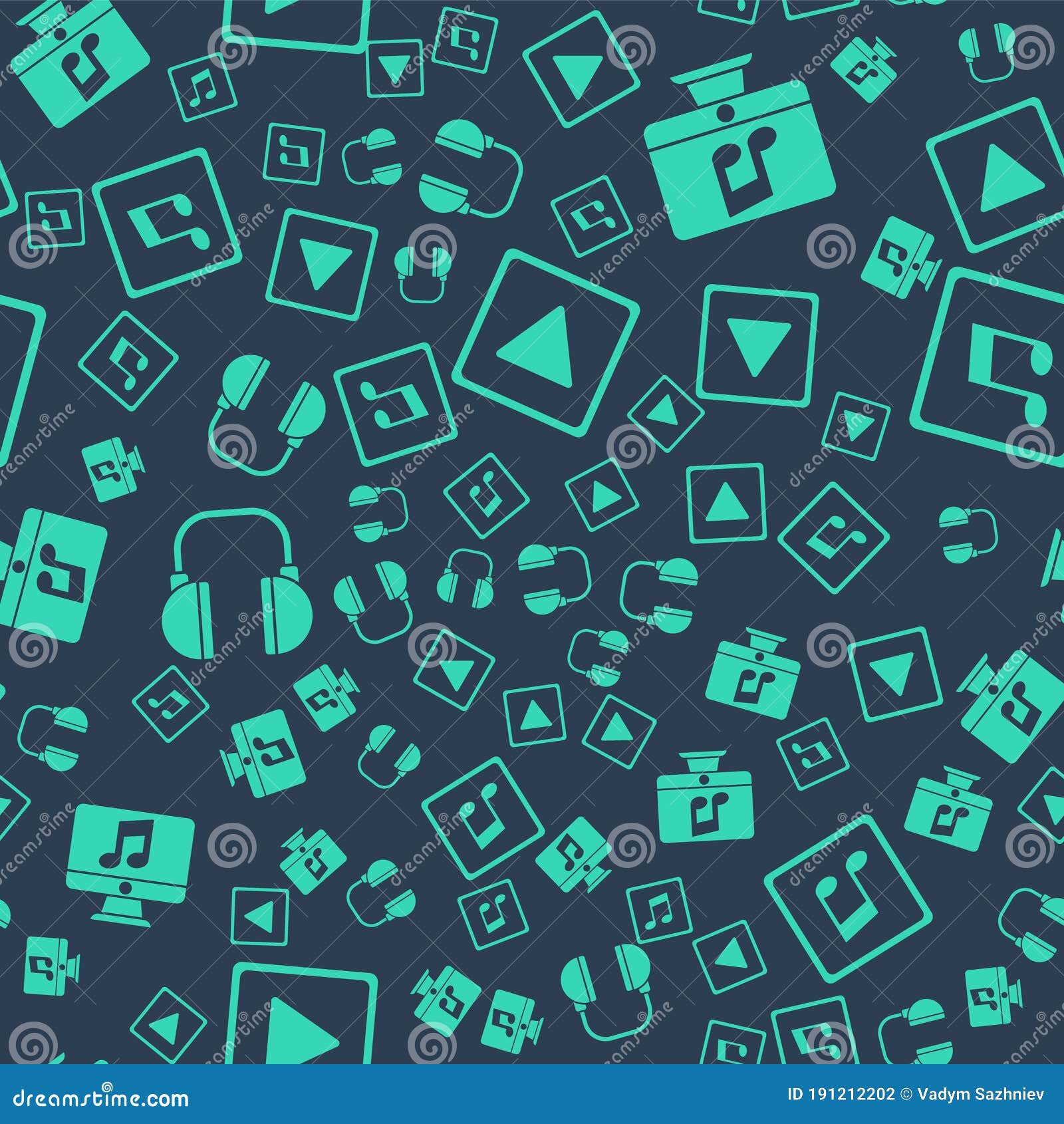 Set Play in Square, Computer with Music Note, Headphones and Music Note ...