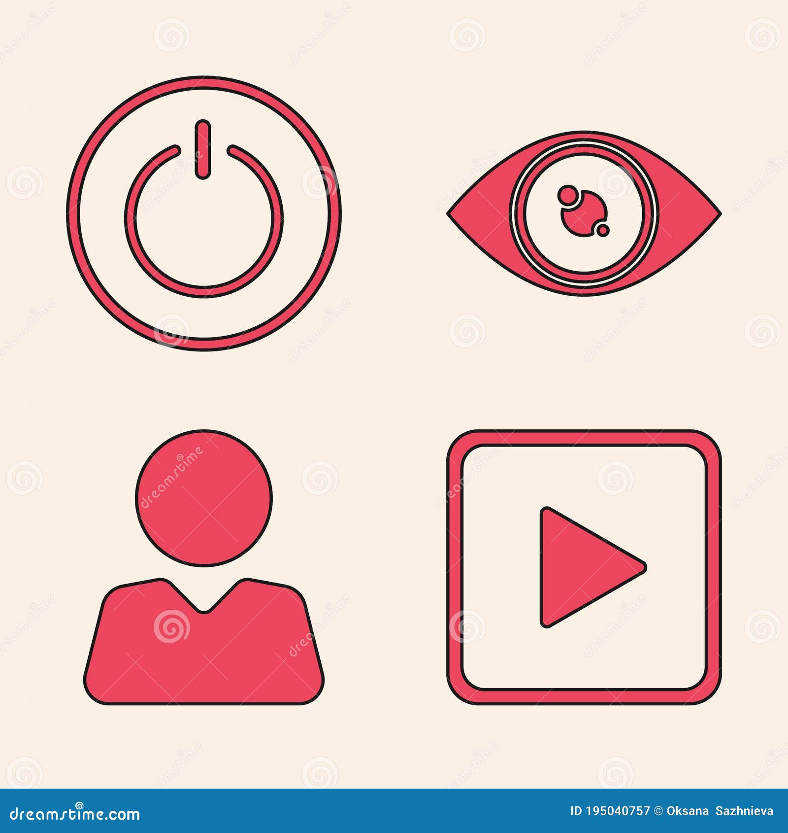 Set Play in Square, Power Button, Eye and Add To Friend Icon. Vector ...
