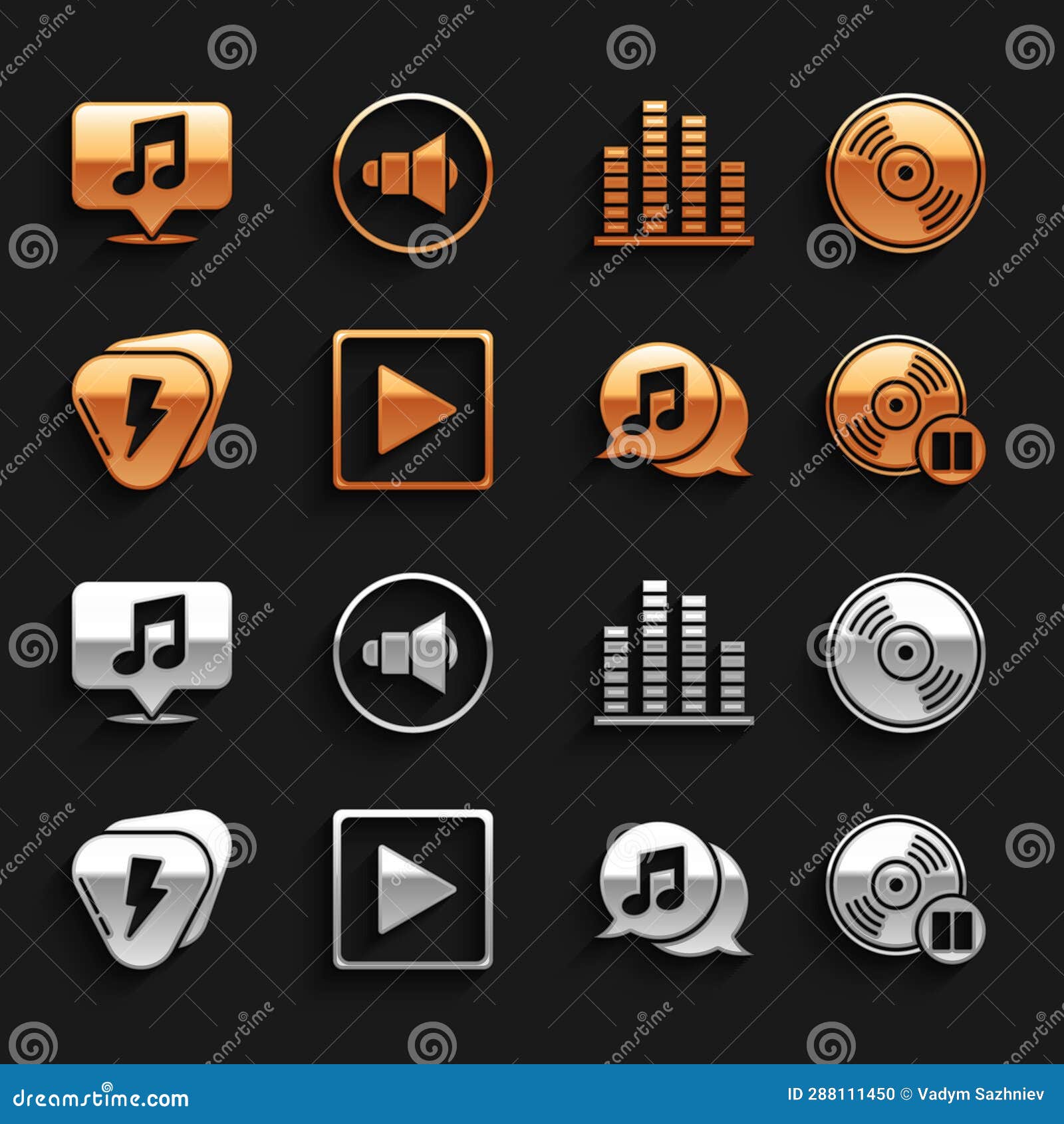 Set Play in Square, Vinyl Disk, Musical Note Speech Bubble, Guitar Pick ...