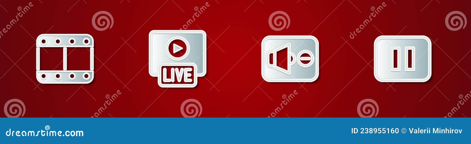 Set Play Video, Live Stream, Speaker Mute and Pause Button Icon. Vector ...