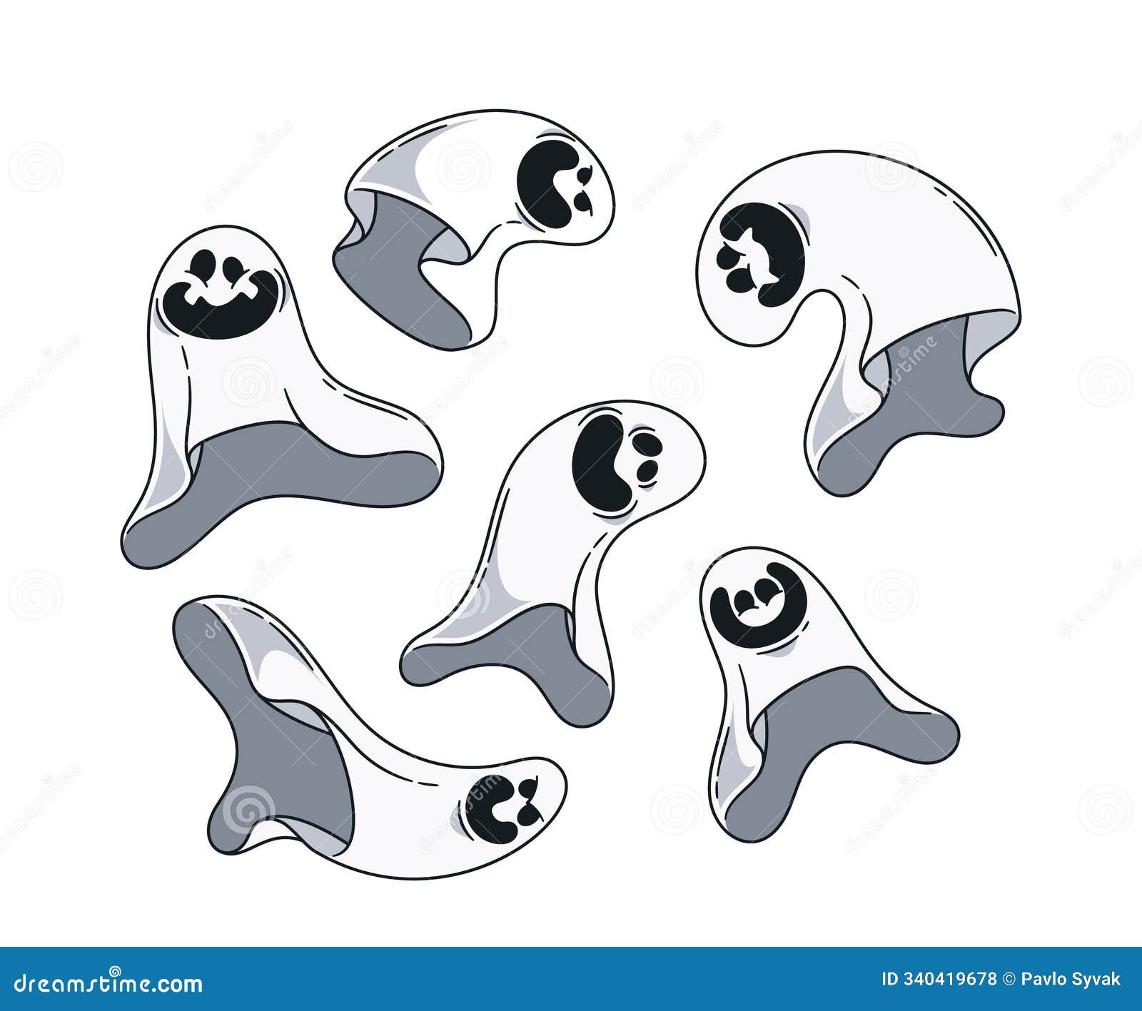 Set of Playful Cartoon Ghosts in Various Expressive Poses on White ...