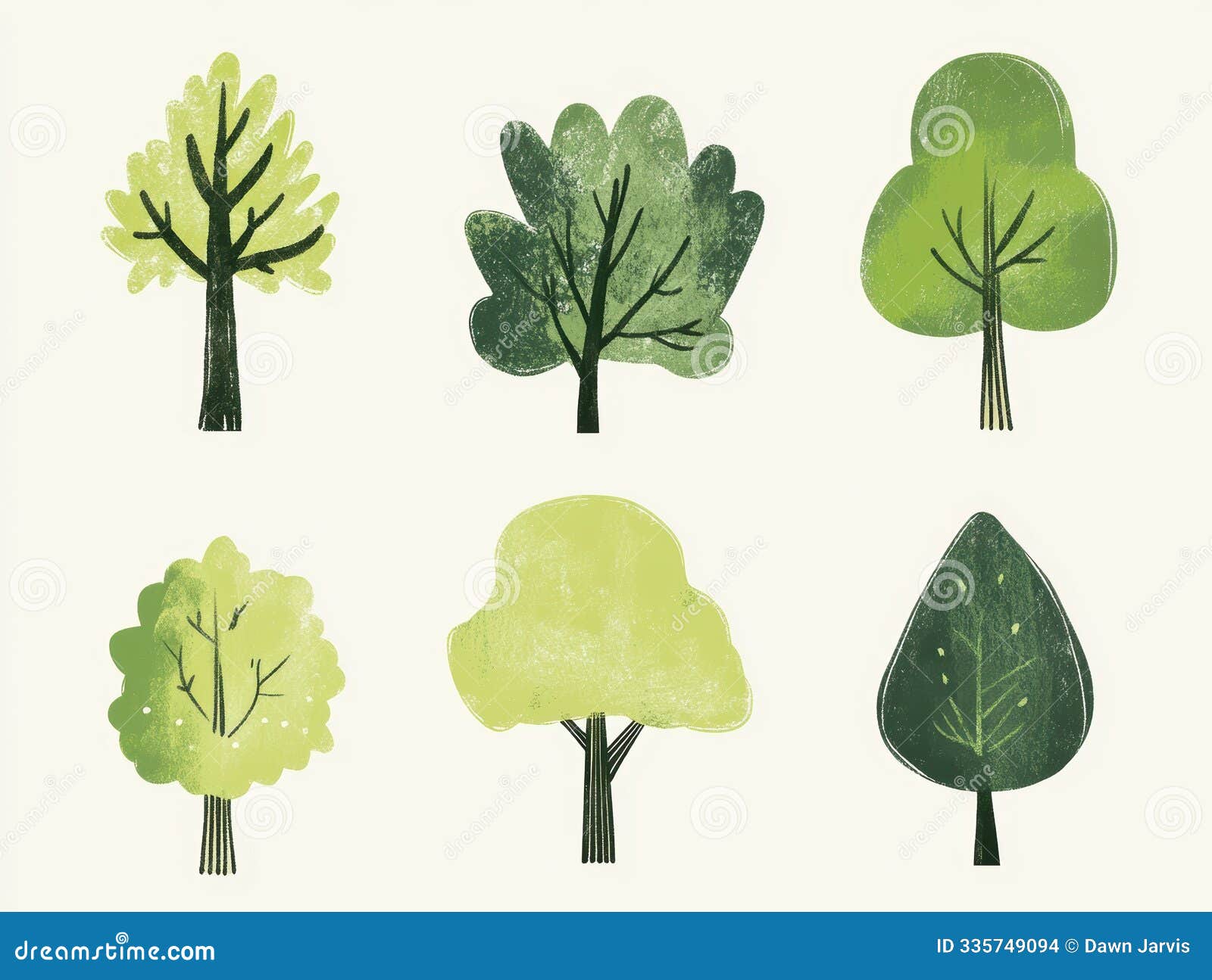 Set of Playful and Simple Green Tree Illustrations in Different Shapes ...