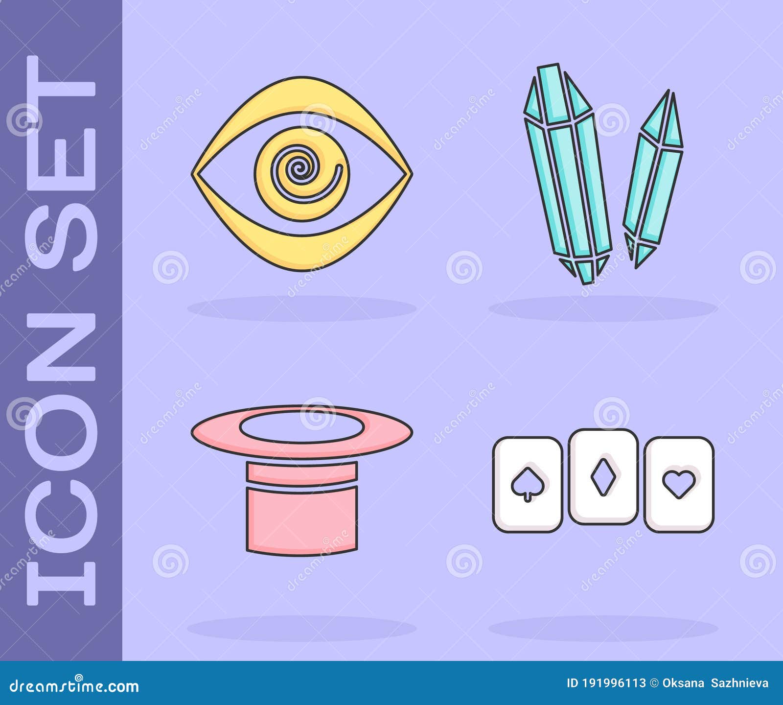 Set Playing Cards, Hypnosis, Magician Hat and Magic Stone Icon. Vector ...