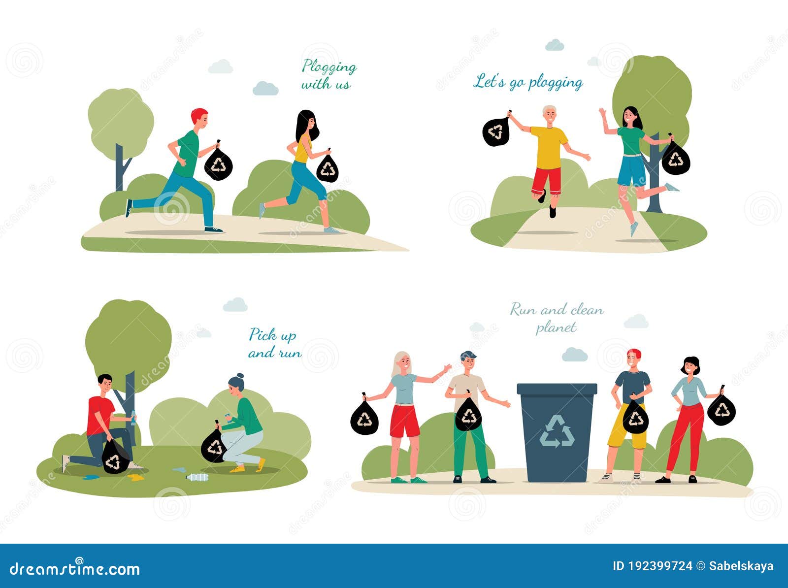 Set for Plogging Challenge Concept with Cartoon Characters Picking Up ...