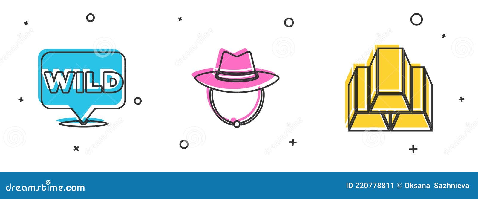 Set Pointer To Wild West, Western Cowboy Hat and Gold Bars Icon. Vector ...